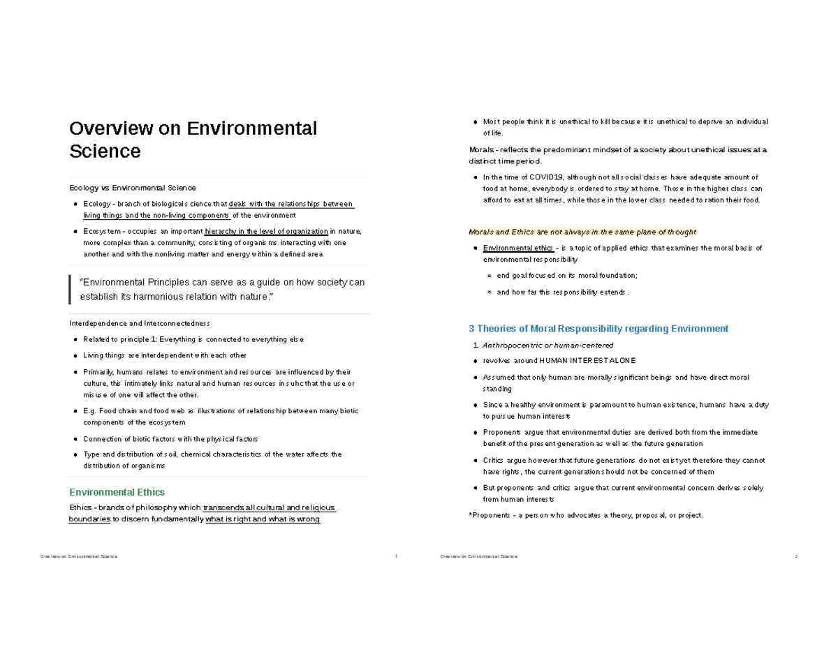 Overview on Environmental Science - ” Interdependence and ...