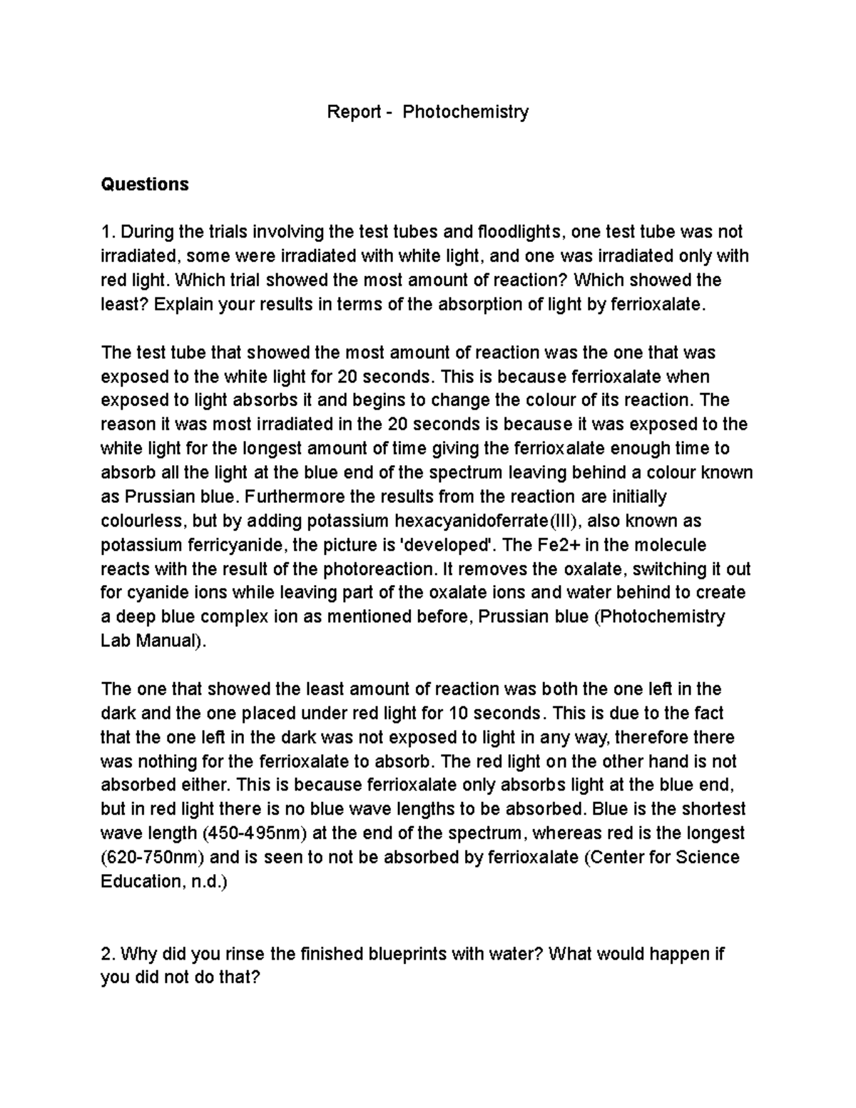 Photochemistry Lab Report - Report - Photochemistry Questions During ...