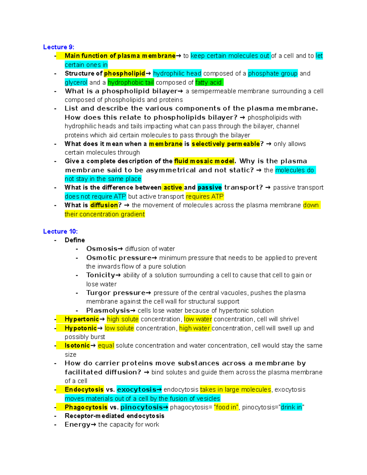 Unit 2 Lecture Notes - Lecture 9: - Main function of plasma membrane→ ...