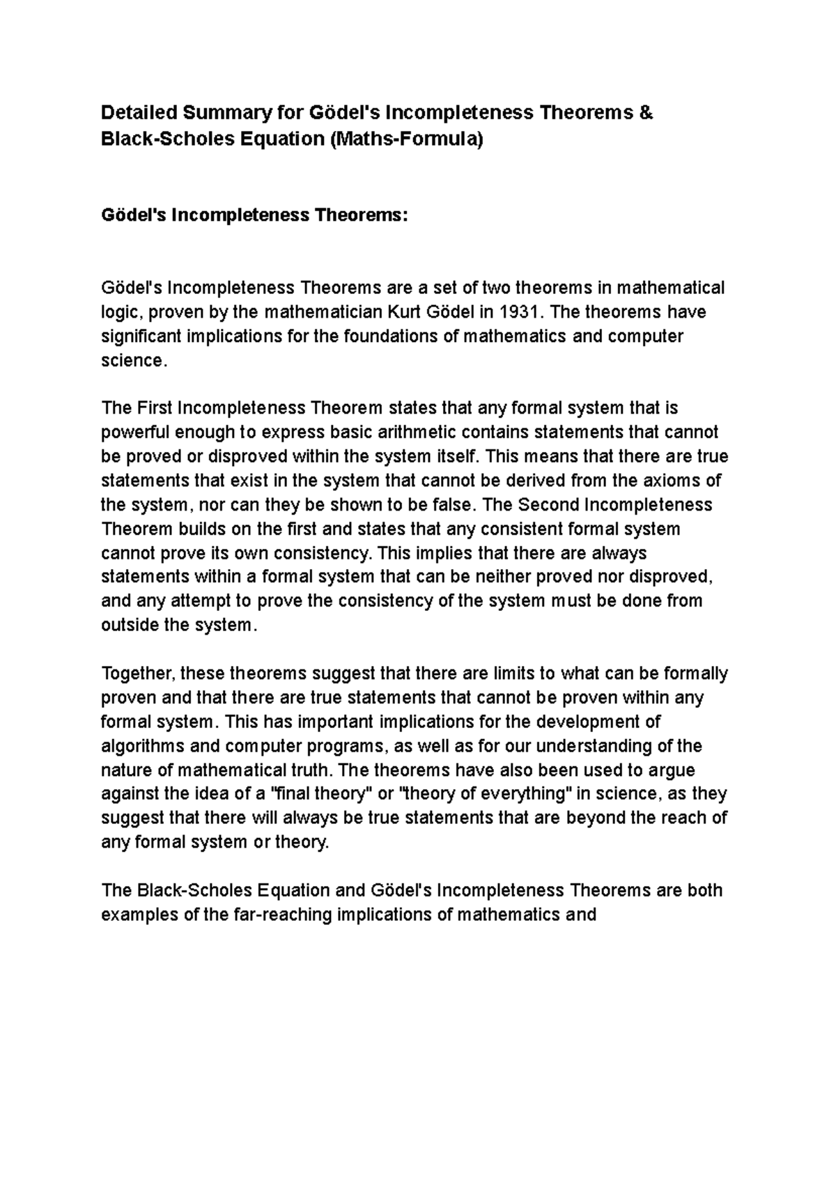 Detailed Summary for Gödel's Incompleteness Theorems And Black-Scholes ...