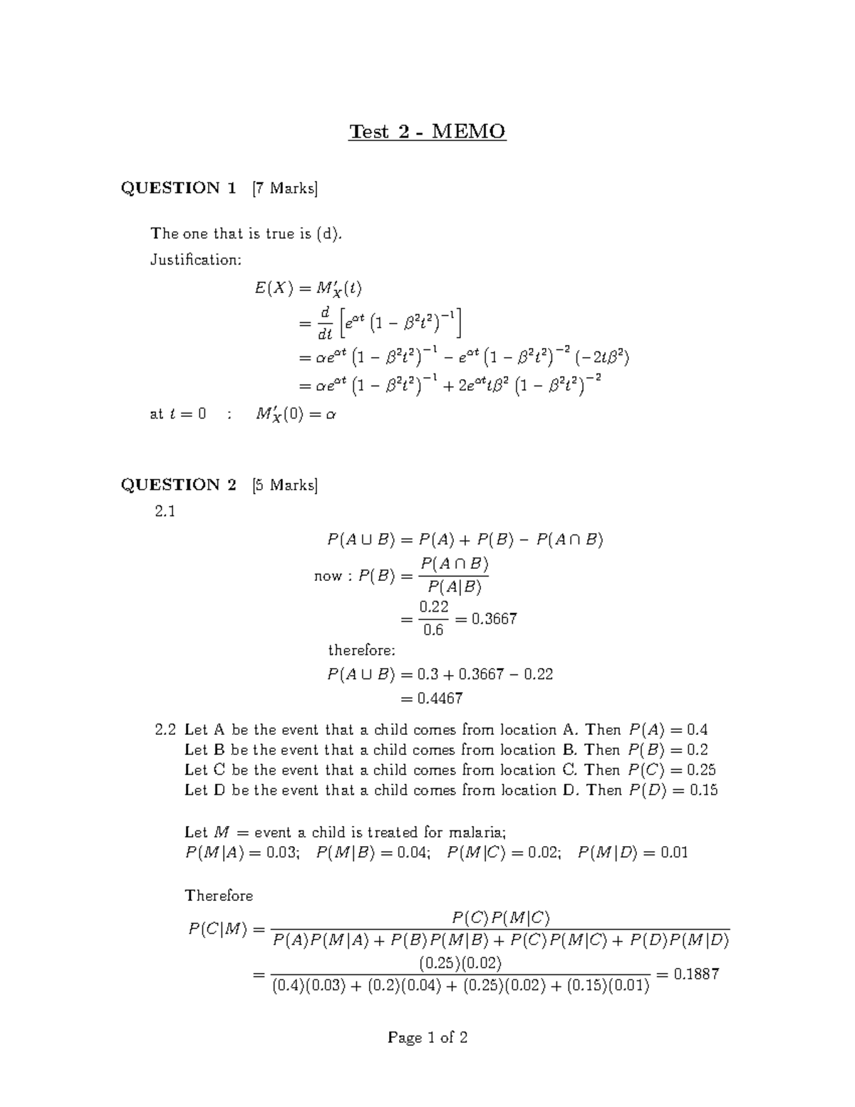 2 - Test 2 2022 Answers - Test 2 - MEMO QUESTION 1 [7 Marks] The one ...