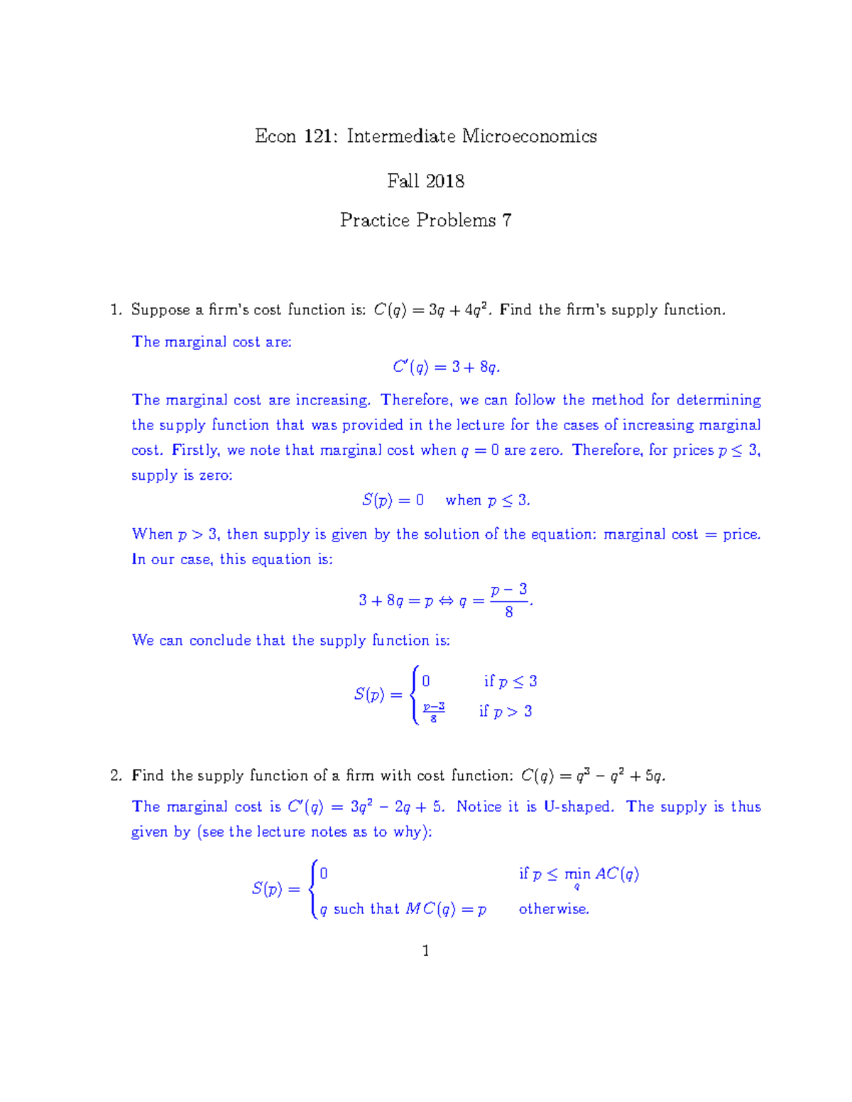 Practice Problems 7Answers - Econ 121: Intermediate Microeconomics Fall ...