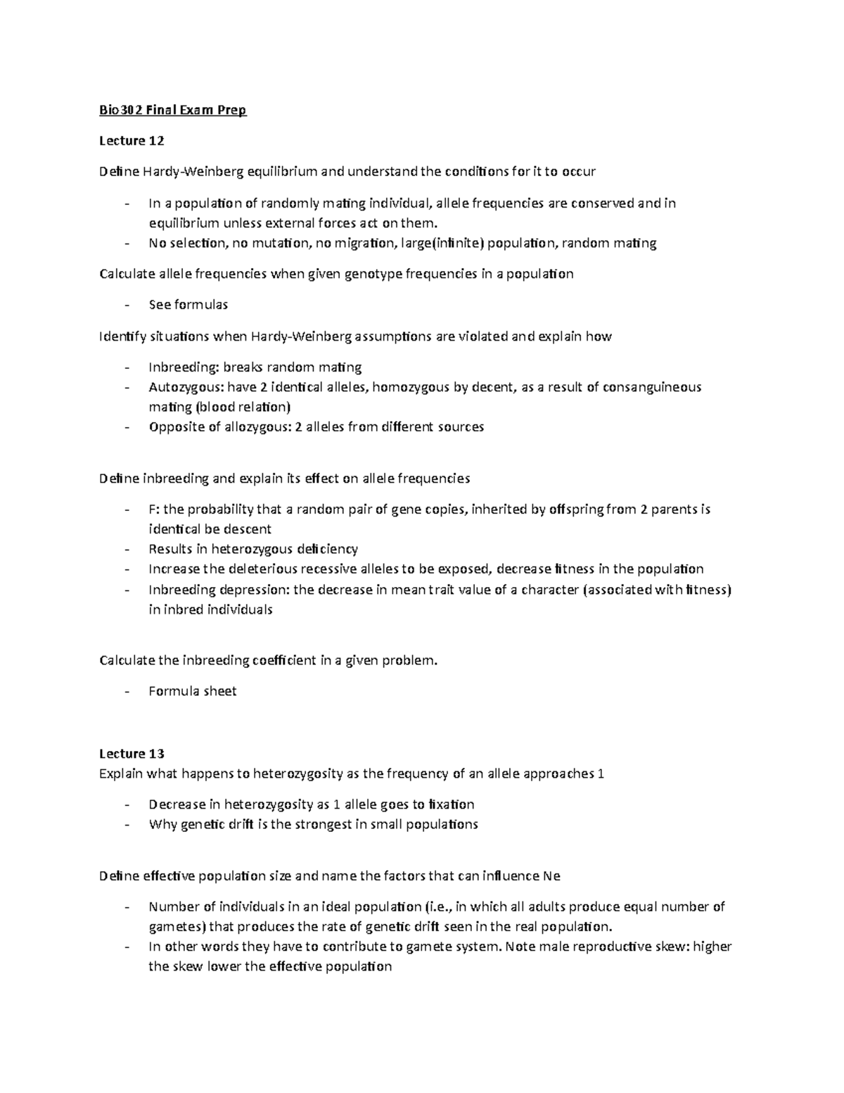 Bio302 Final Exam Prep - Bio302 Final Exam Prep Lecture 12 Define Hardy ...