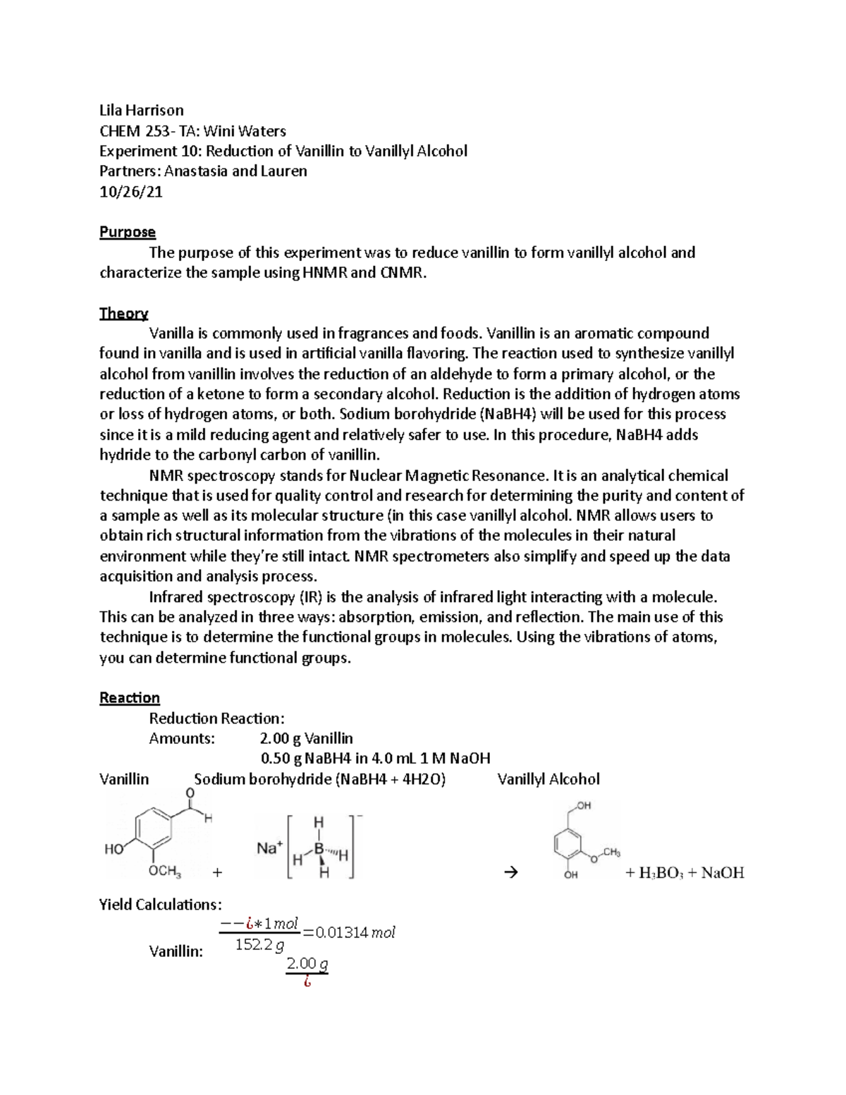 CHEM 253 Exp. 10 Lab Report - Lila Harrison CHEM TA: Wini Waters Experiment 10: Reduction of ...
