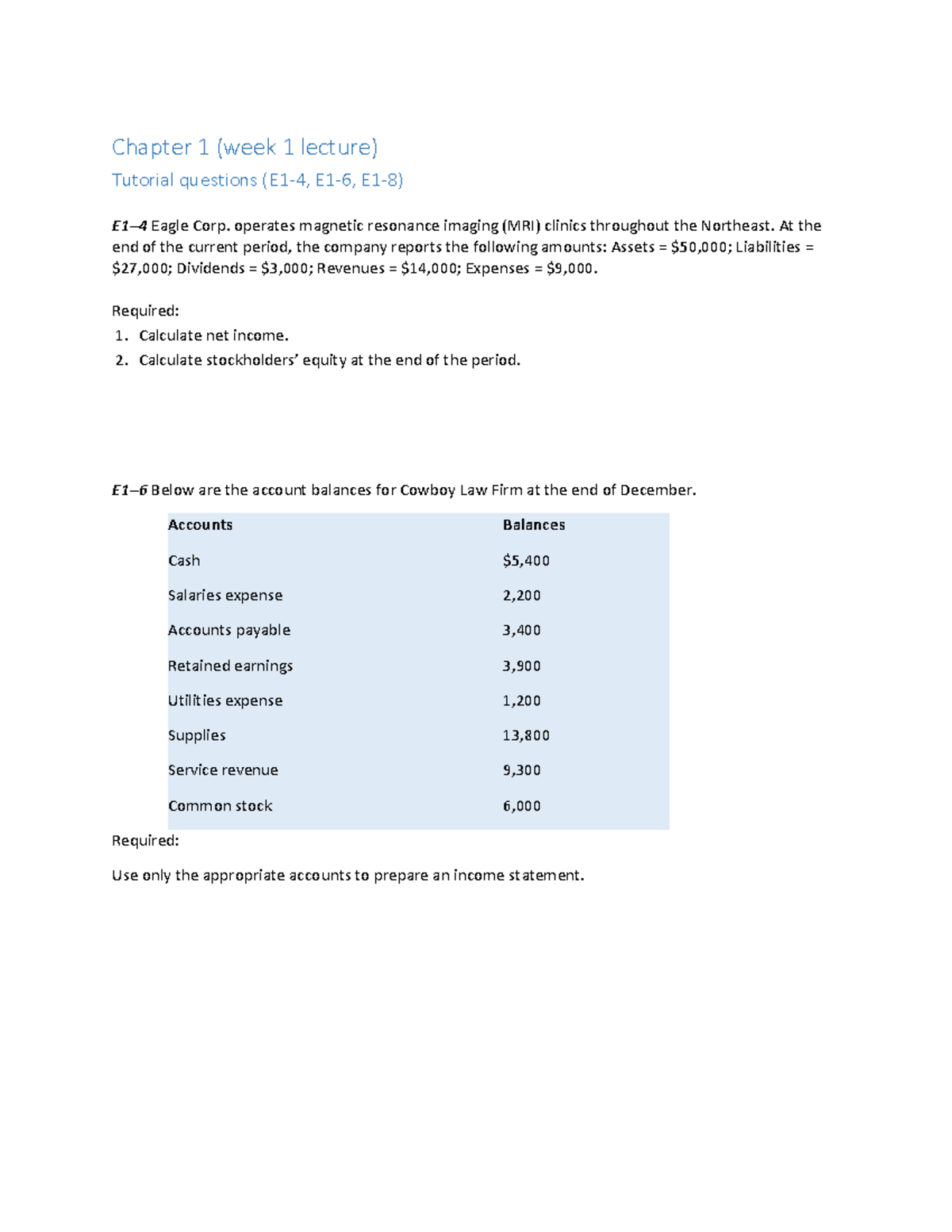 CB2100 Week 1 topic tutorial question - Chapter 1 (week 1 lecture) Tutorial questions (E1-4, E1 ...