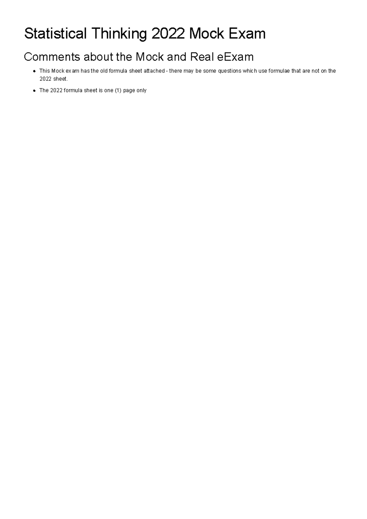 Statistical Thinking 2022 Mock Exam - The 2022 formula sheet is one (1) page only Formula Sheet ...