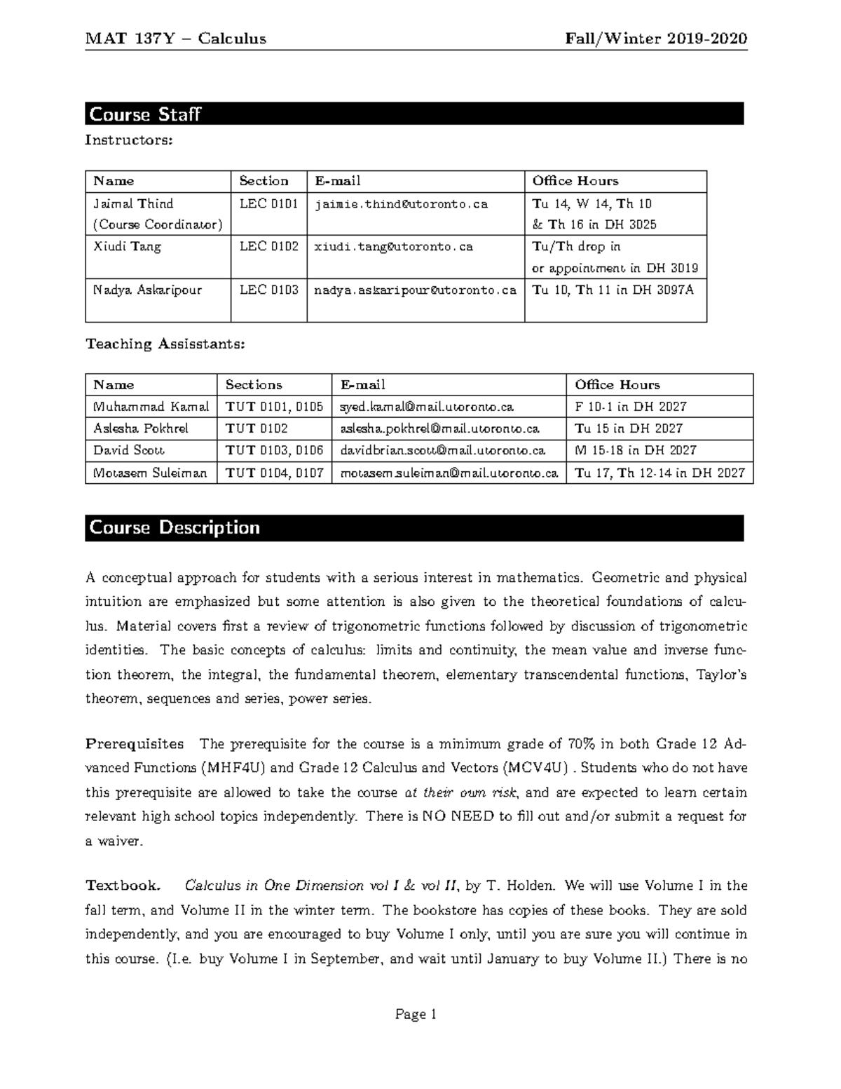 Mat137 syllabus - Course Staff Instructors: Name Section E-mail Office ...