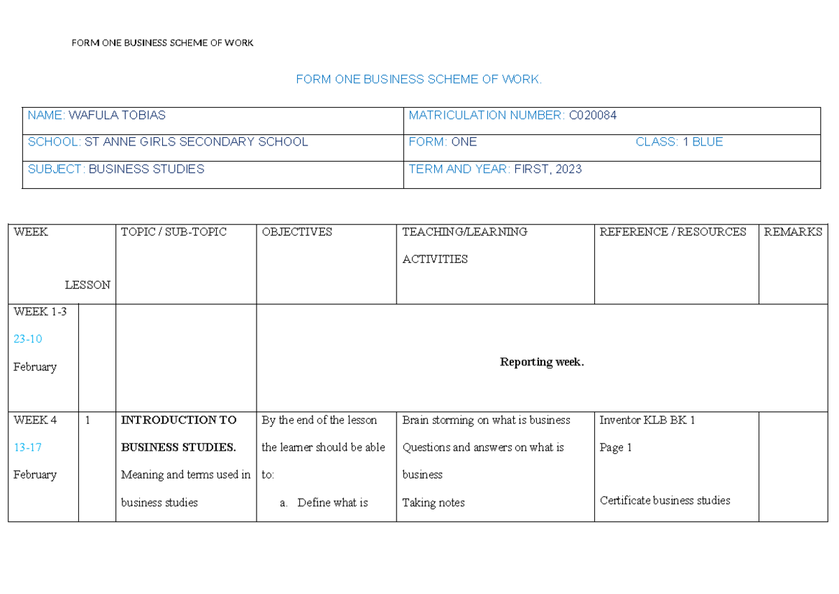 Business scheme of work - FORM ONE BUSINESS SCHEME OF WORK. NAME ...