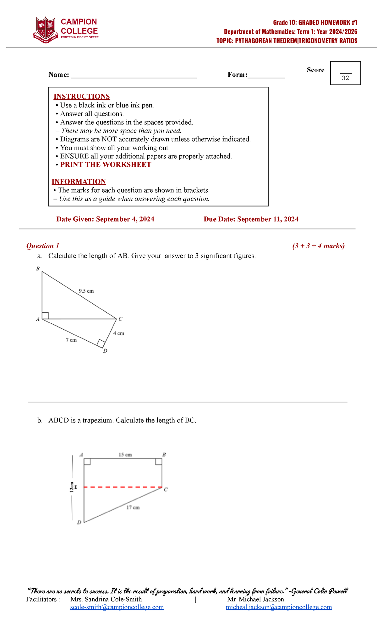 Skibidi Pythag Hw - Grade 10: GRADED HOMEWORK Department of Mathematics ...