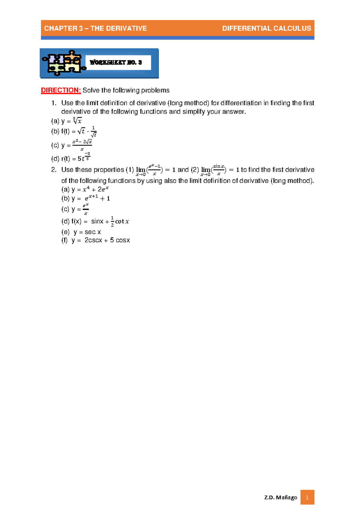 Worksheet NO. 3 - THE Derivative - CHAPTER 3 – THE DERIVATIVE ...