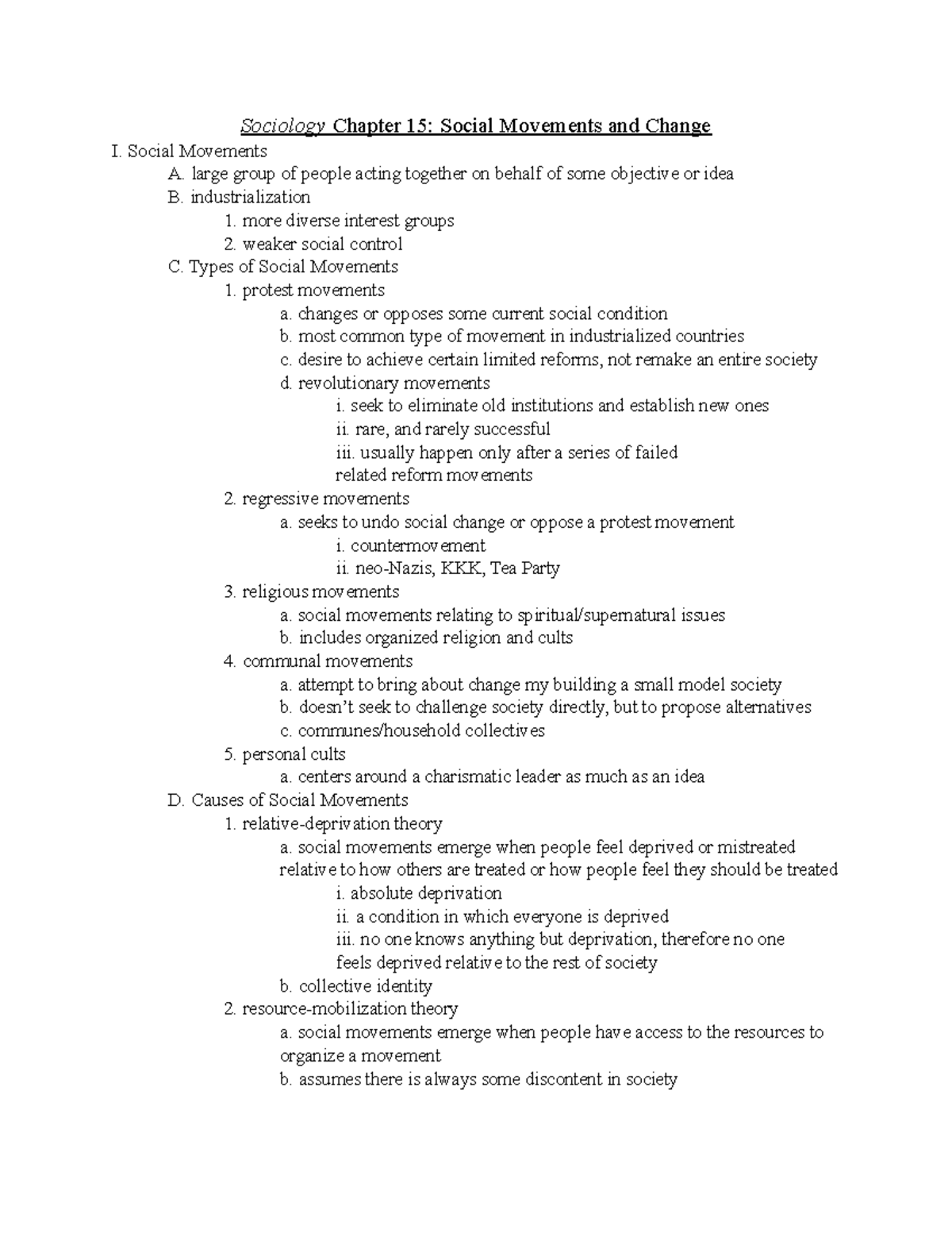 Chapter 15 outline - Sociology Chapter 15: Social Movements and Change ...