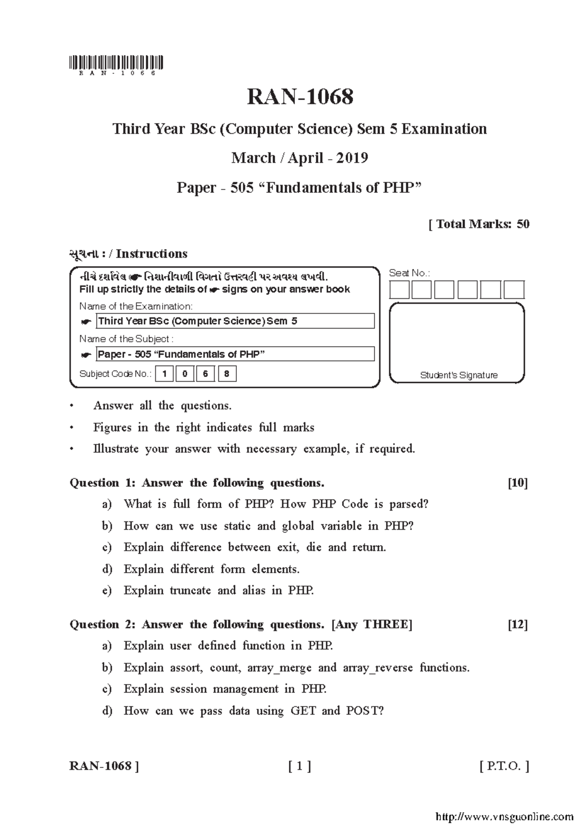 Bsc-5-sem-computer-science-paper-505-fundamentals-of-php-2019 - RAN-1068 ] [ 1 ] [ P.T. ] RAN ...