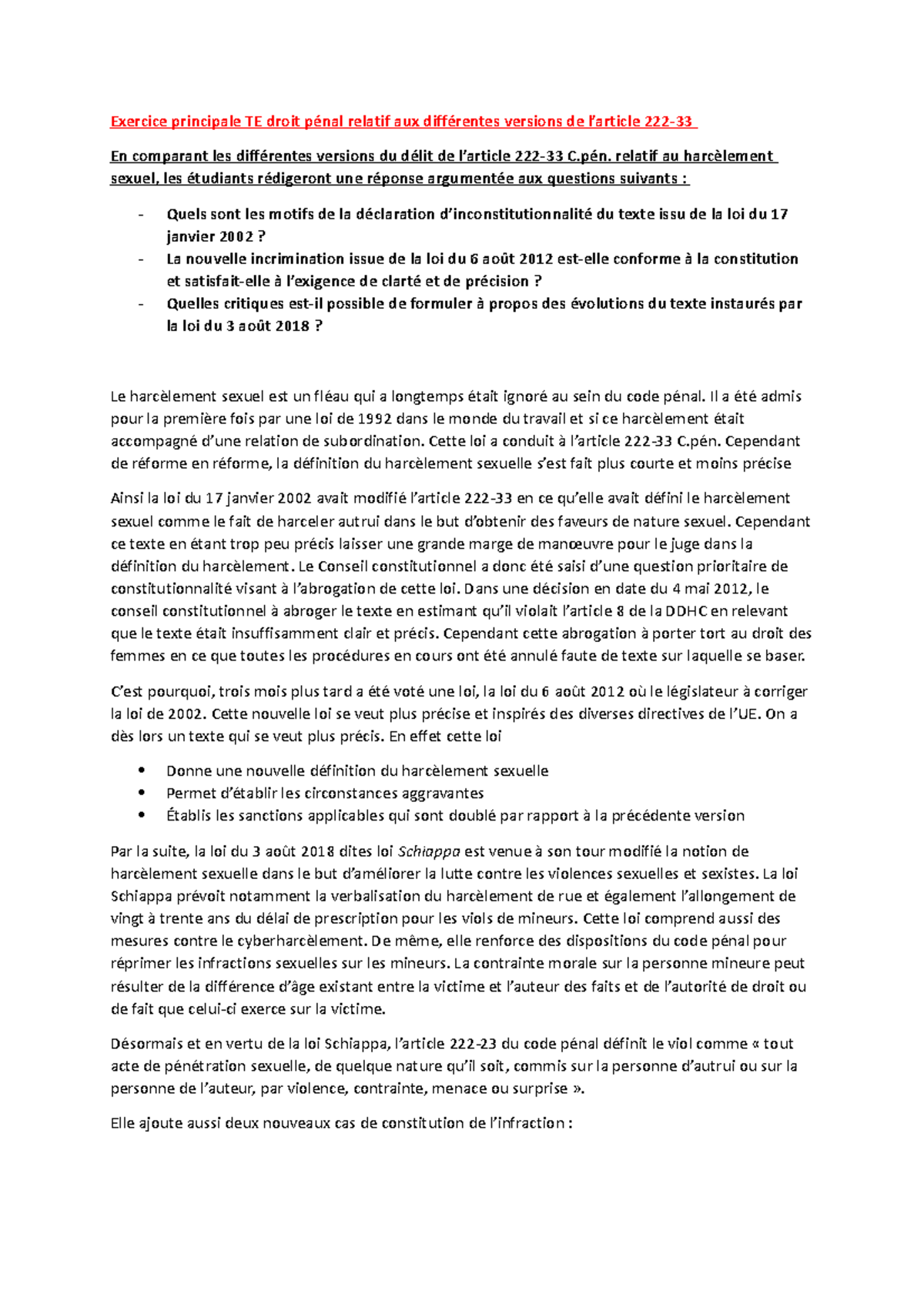 Le harcèlement sexuel article 222-33 code pénal - Exercice principale ...