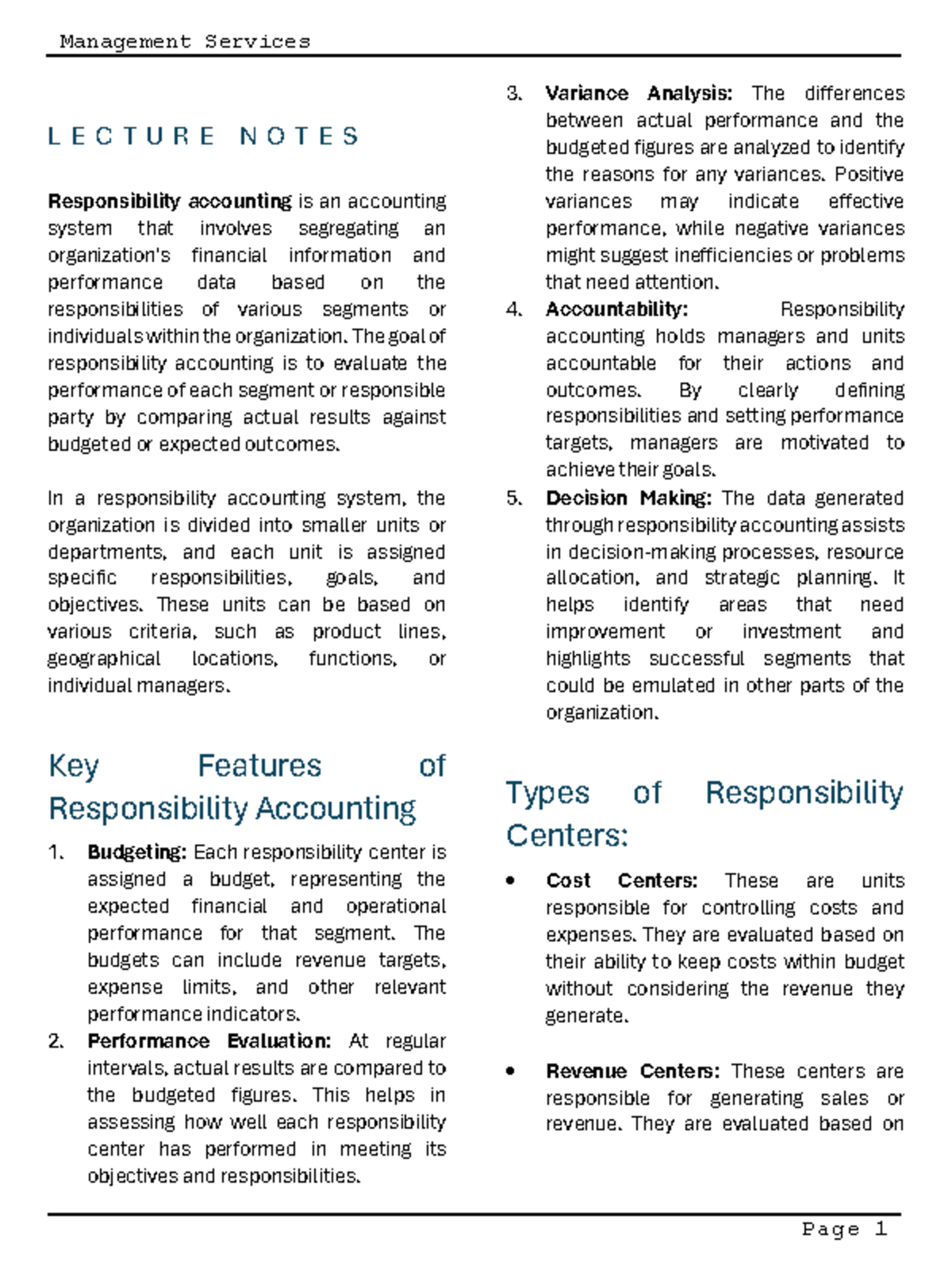 Summary Responsibility Accounting and Transfer Pricing - L E C T U R E ...
