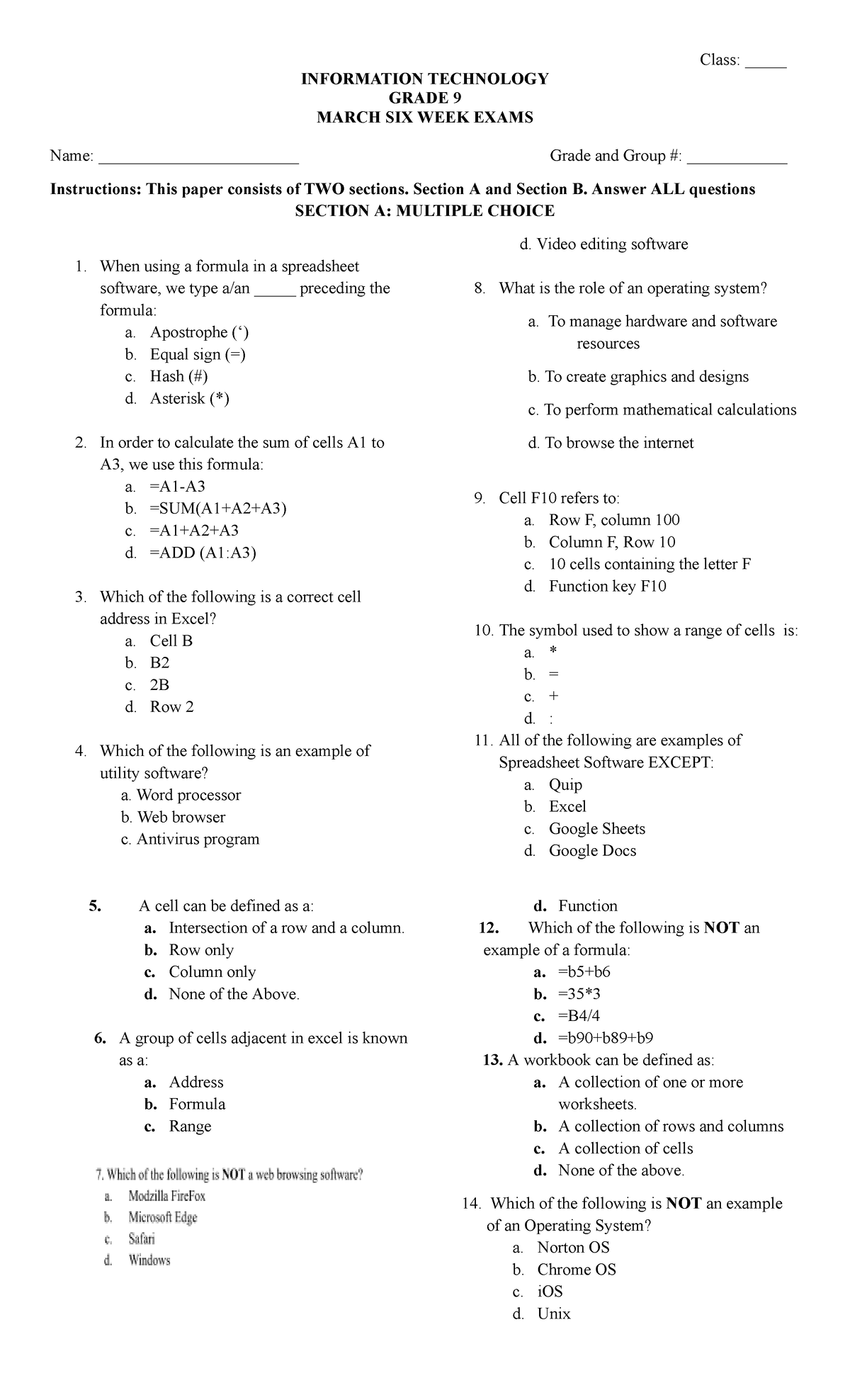 Grade 9 SIX WEEK EXAM - Test - Class: _____ INFORMATION TECHNOLOGY ...