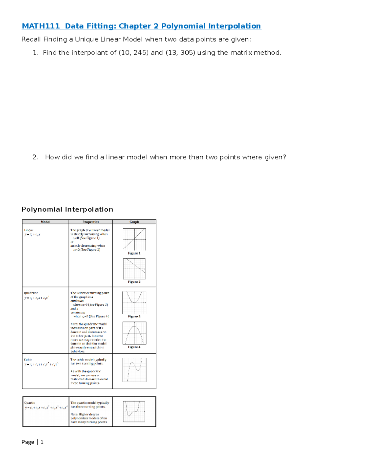 Data Fitting Chapter 2 Polynomial Interpolation(1) - MATH111 Data Fitting: Chapter 2 Polynomial ...