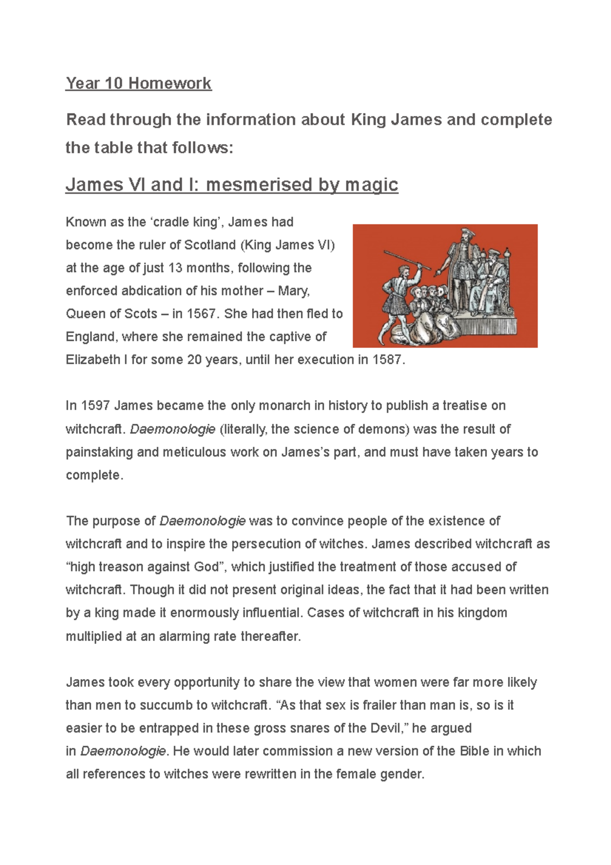1 James VI and I Context - Year 10 Homework Read through the ...