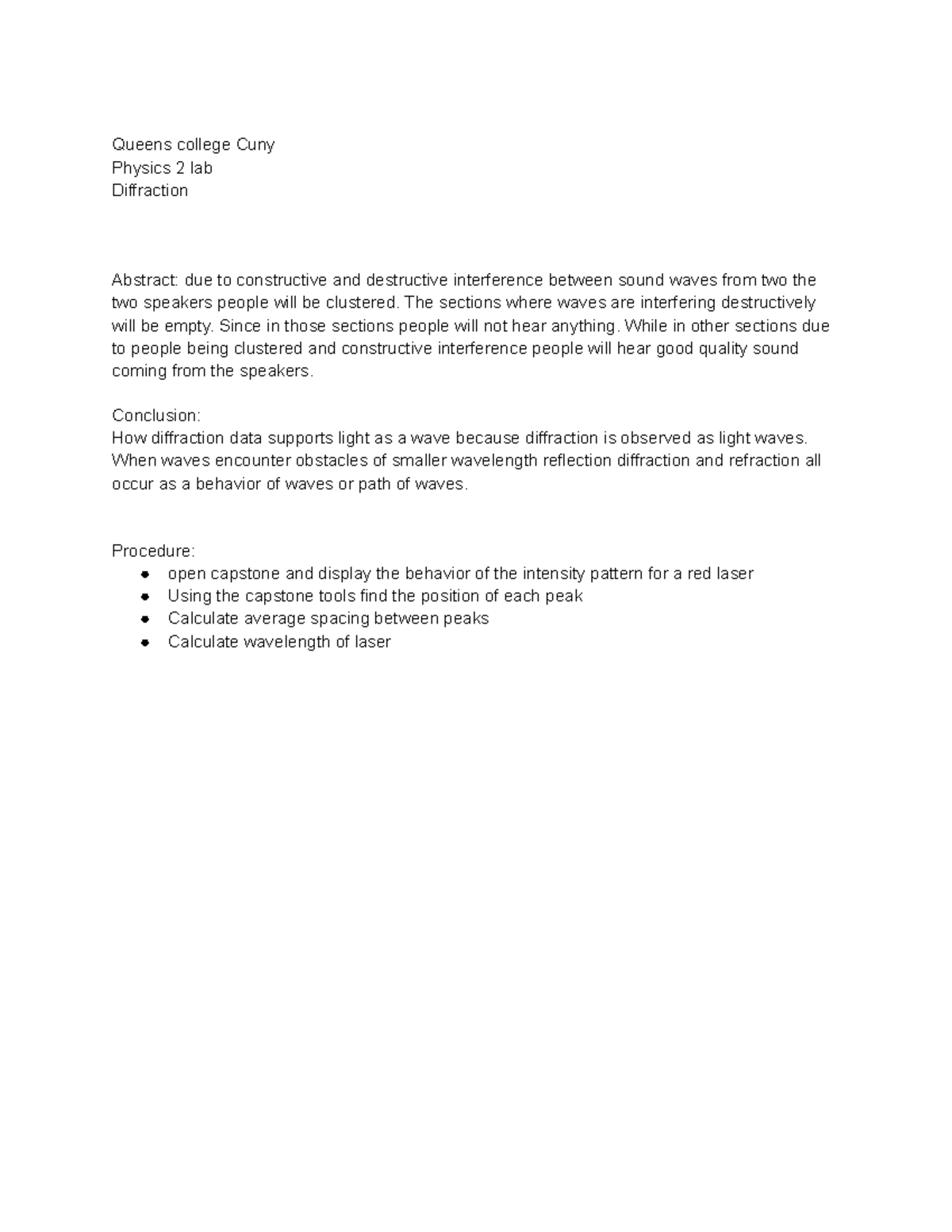 Diffraction Lab Report Phys 14 Qc Cuny Studocu