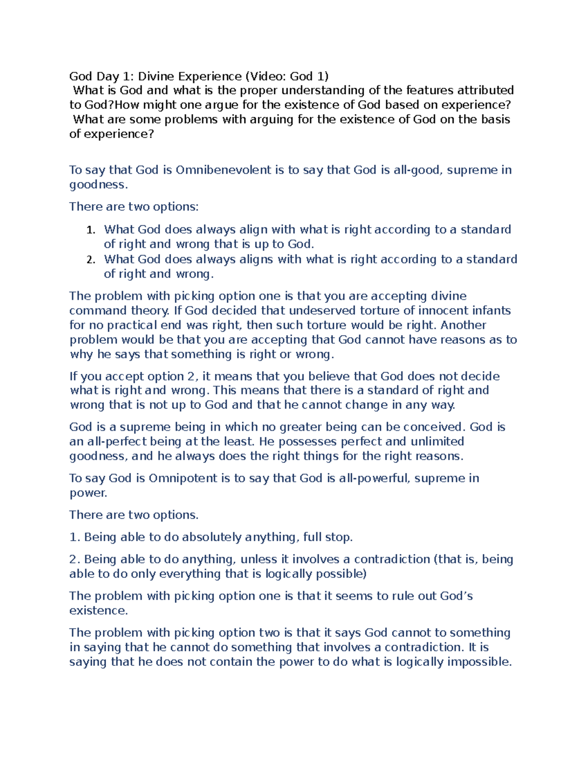 Discussion questions - God (1-3) - PHIL 1301 - CTC - Studocu