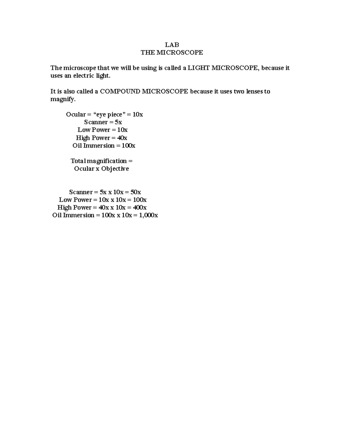 SCB 203 Lab #1 Microscope Students - LAB THE MICROSCOPE The microscope ...