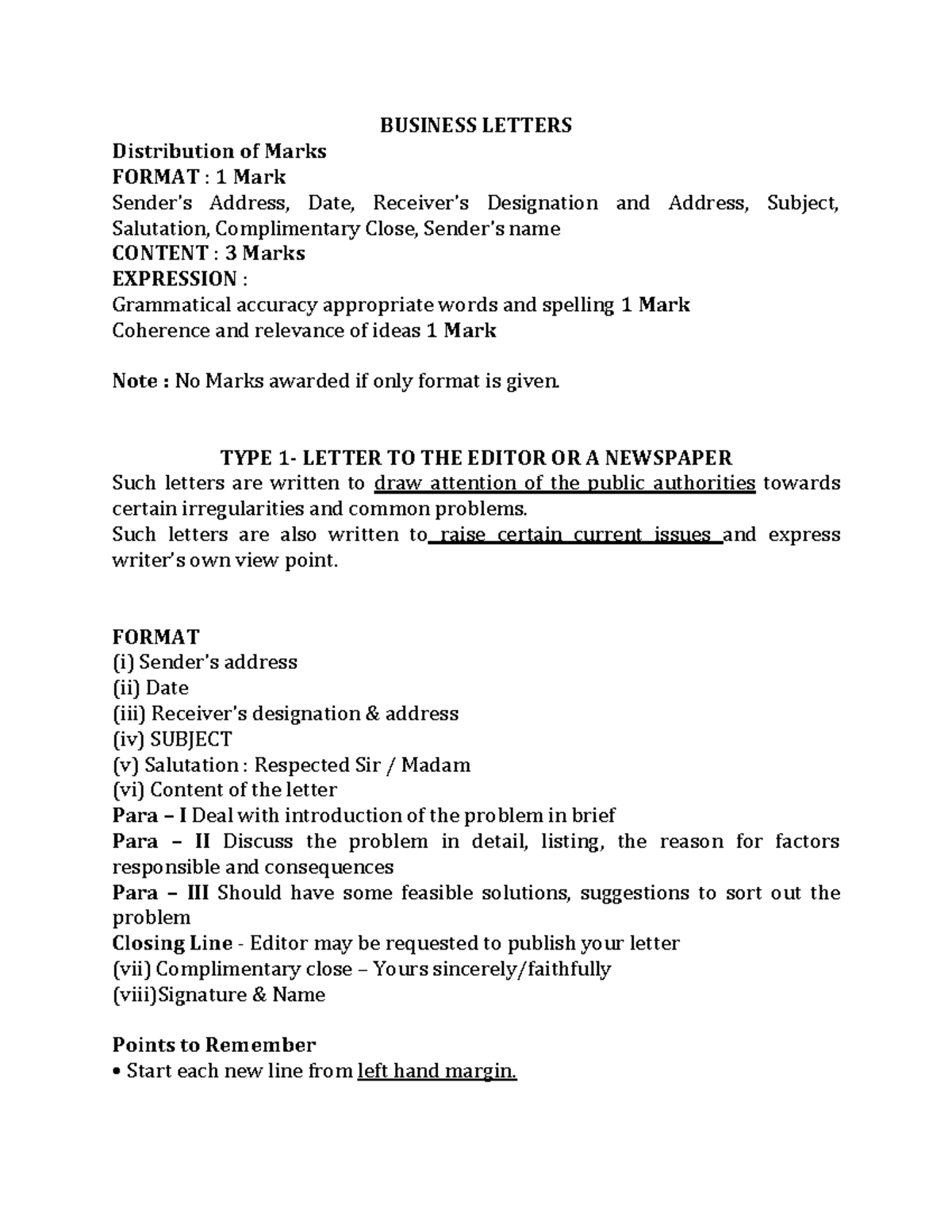 Business Letters - PART 1 - BUSINESS LETTERS Distribution of Marks ...