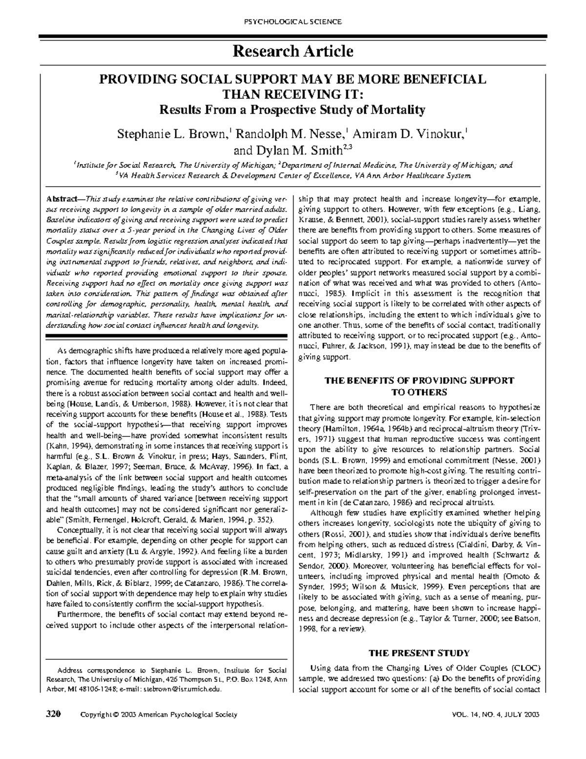 Brown Giving Psych Sci 2003 - Research Article 320 Copyright © 2003 ...