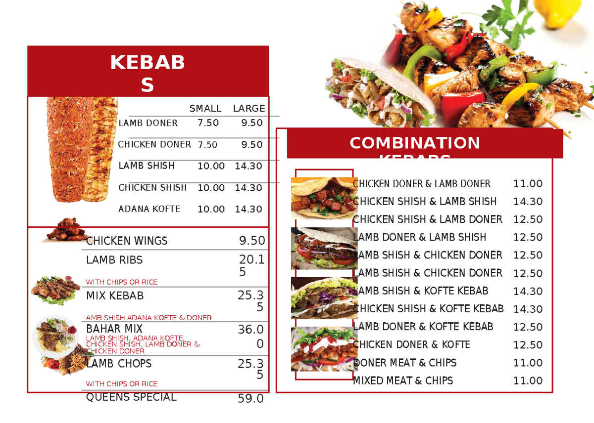 Menu - N/A - KEBAB S SMALL LARGE LAMB DONER 7 9. CHICKEN DONER 7 9 ...