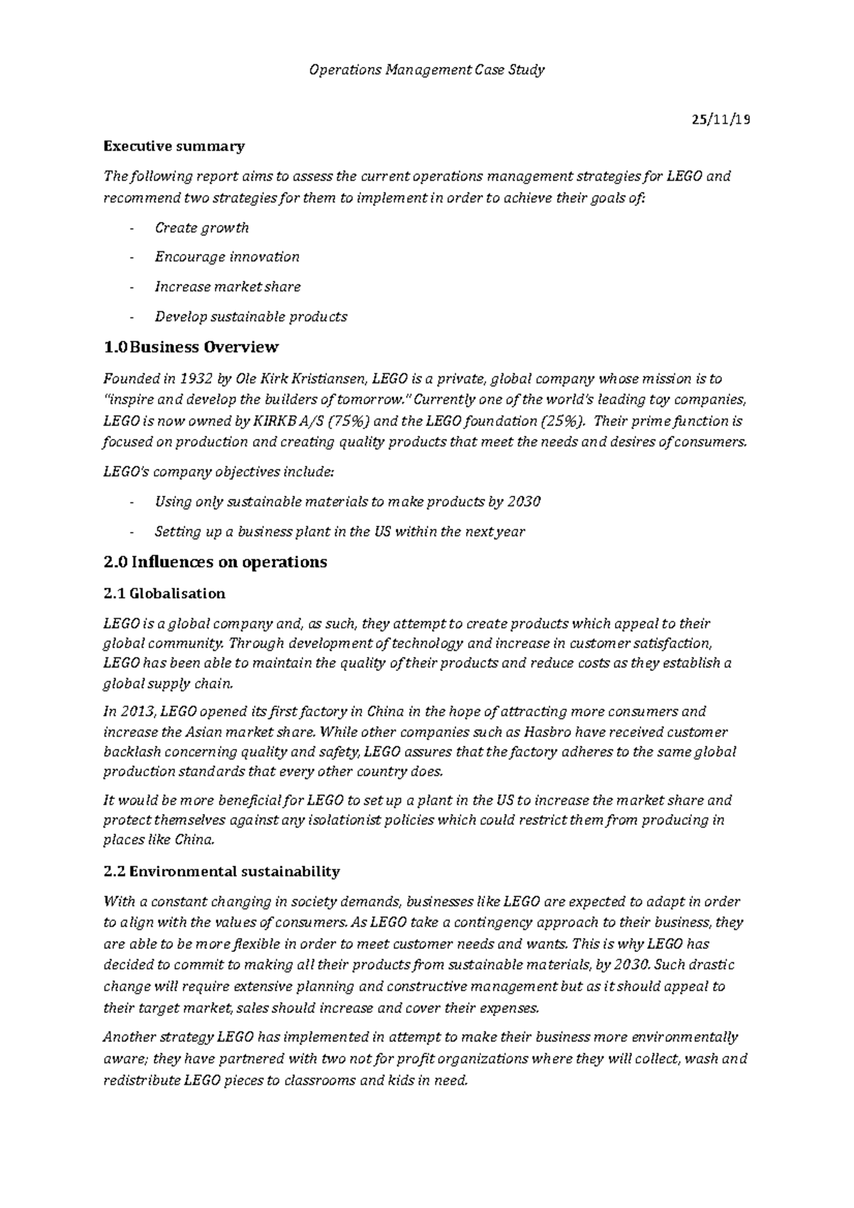 Operations management Case Study - 25/11/ Executive summary The ...