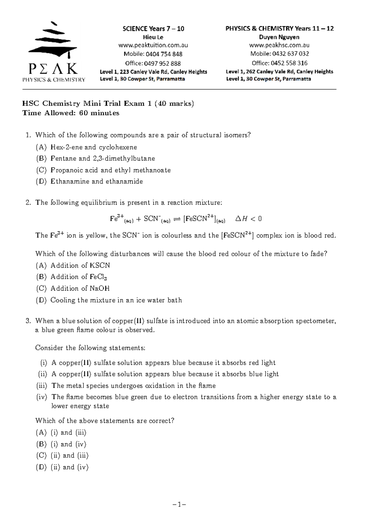 HSC Revision Mini Trial 1 - HSC Chemistry Mini Trial Exam 1 (40 marks ...