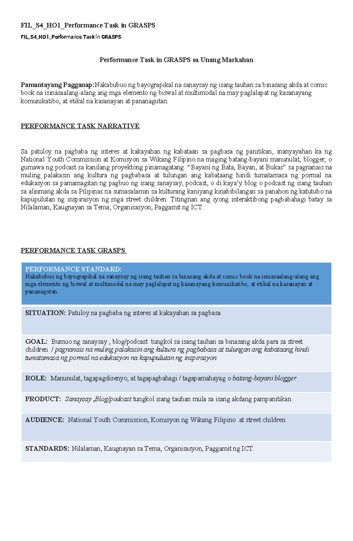 FIL S4 HO1 Performance Task in Grasps - FIL_S4_HO1_Performance Task in ...