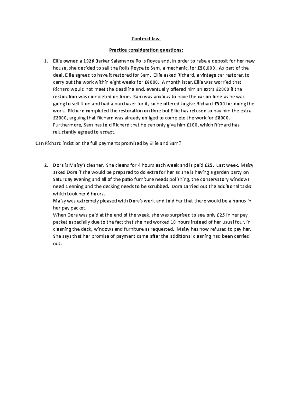 Contract law practice questions - Contract law Practice consideration ...