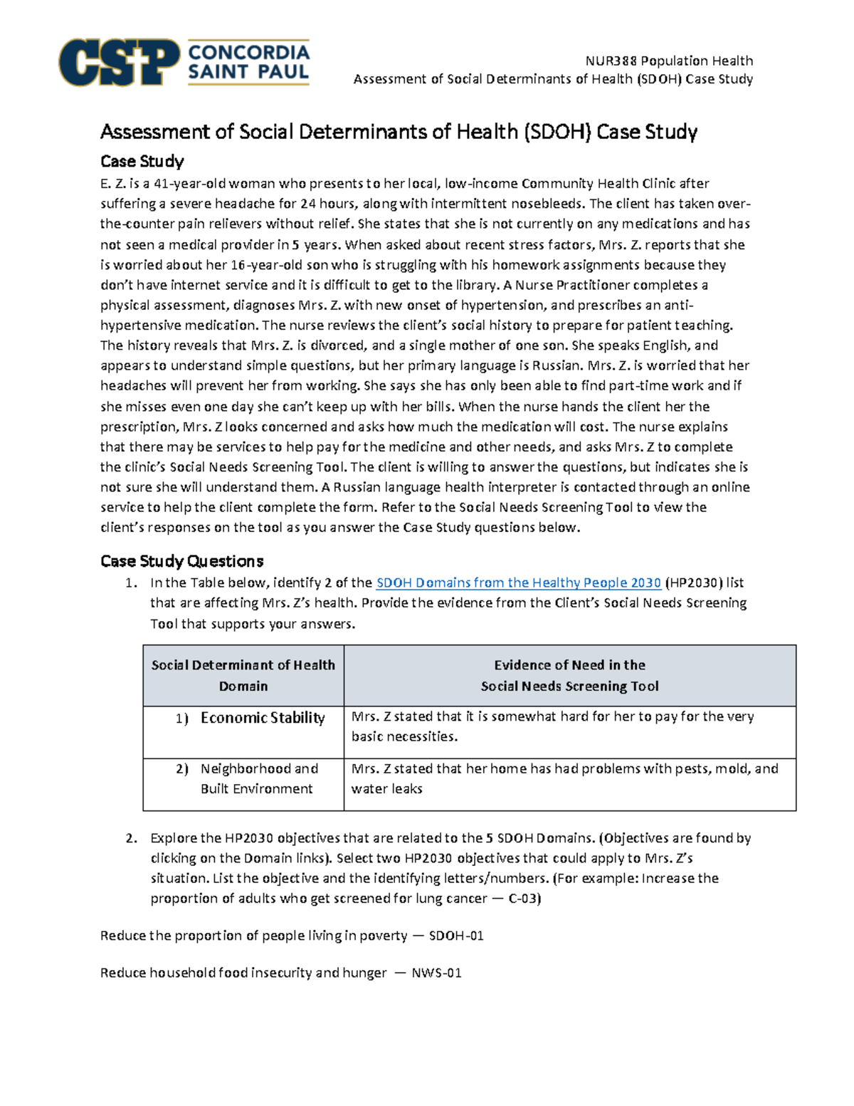 SDOH case study - vhjv - NUR38 8 Population Health Assessment of Social ...