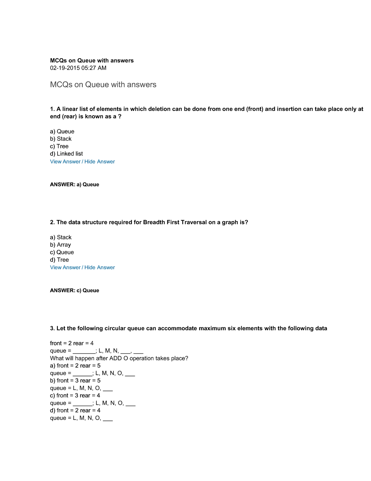 Queue - good notes for study - MCQs on Queue with answersMCQs on Queue ...