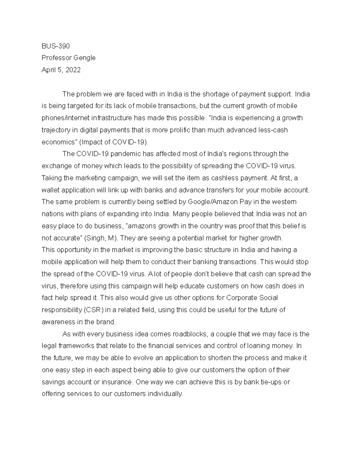 Benchmark- Executive Summary India - BUS- Professor Gengle April 5 ...