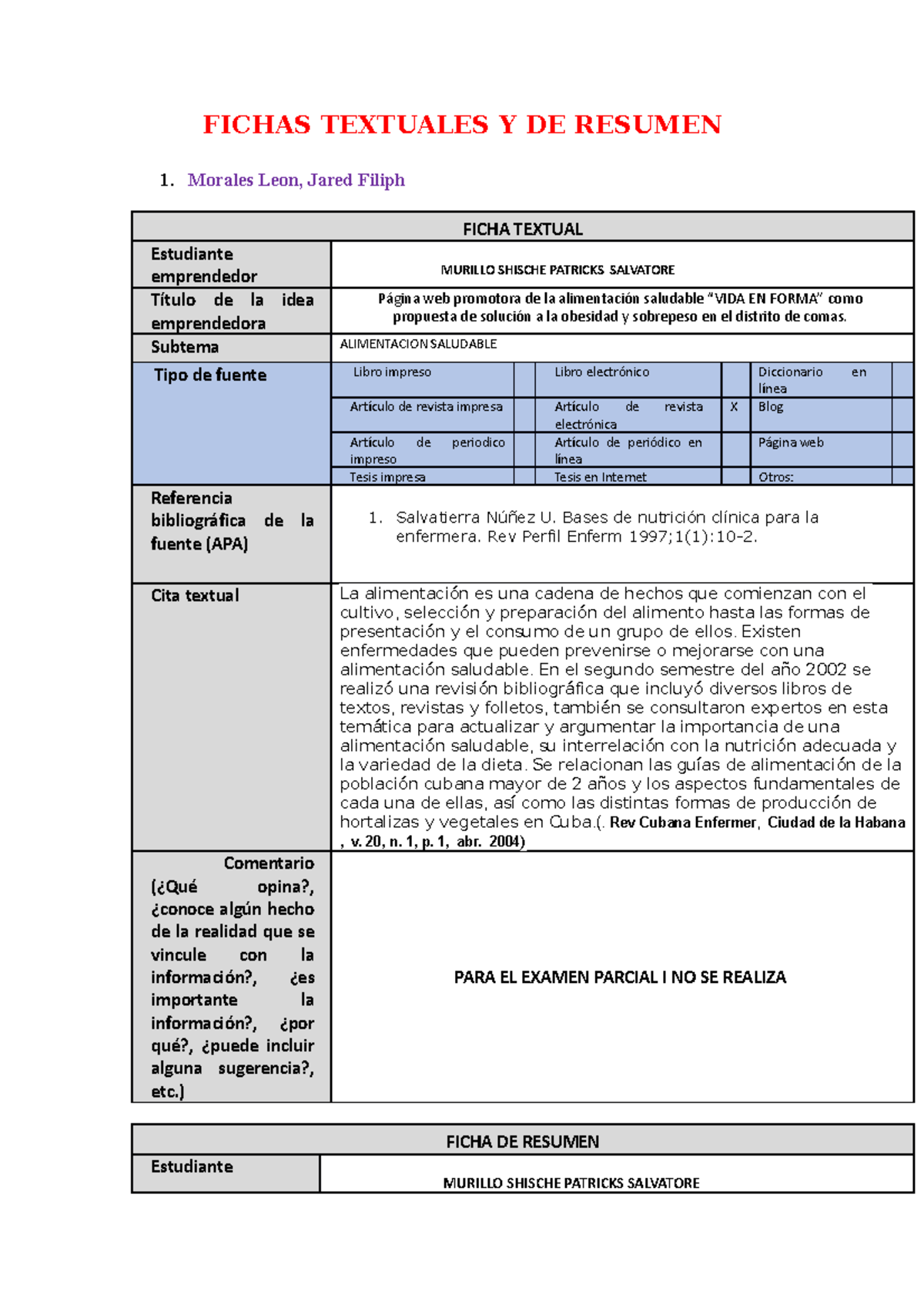 Fichas Textuales Y DE Resumen 2 - FICHAS TEXTUALES Y DE RESUMEN 1. Morales Leon, Jared Filiph ...