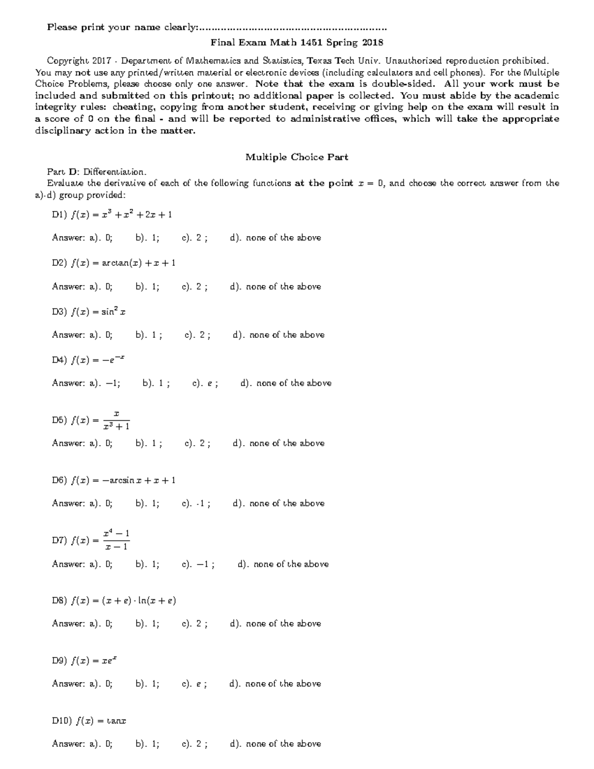 Math1451 2018 Spring Final - Please print your name - Studocu