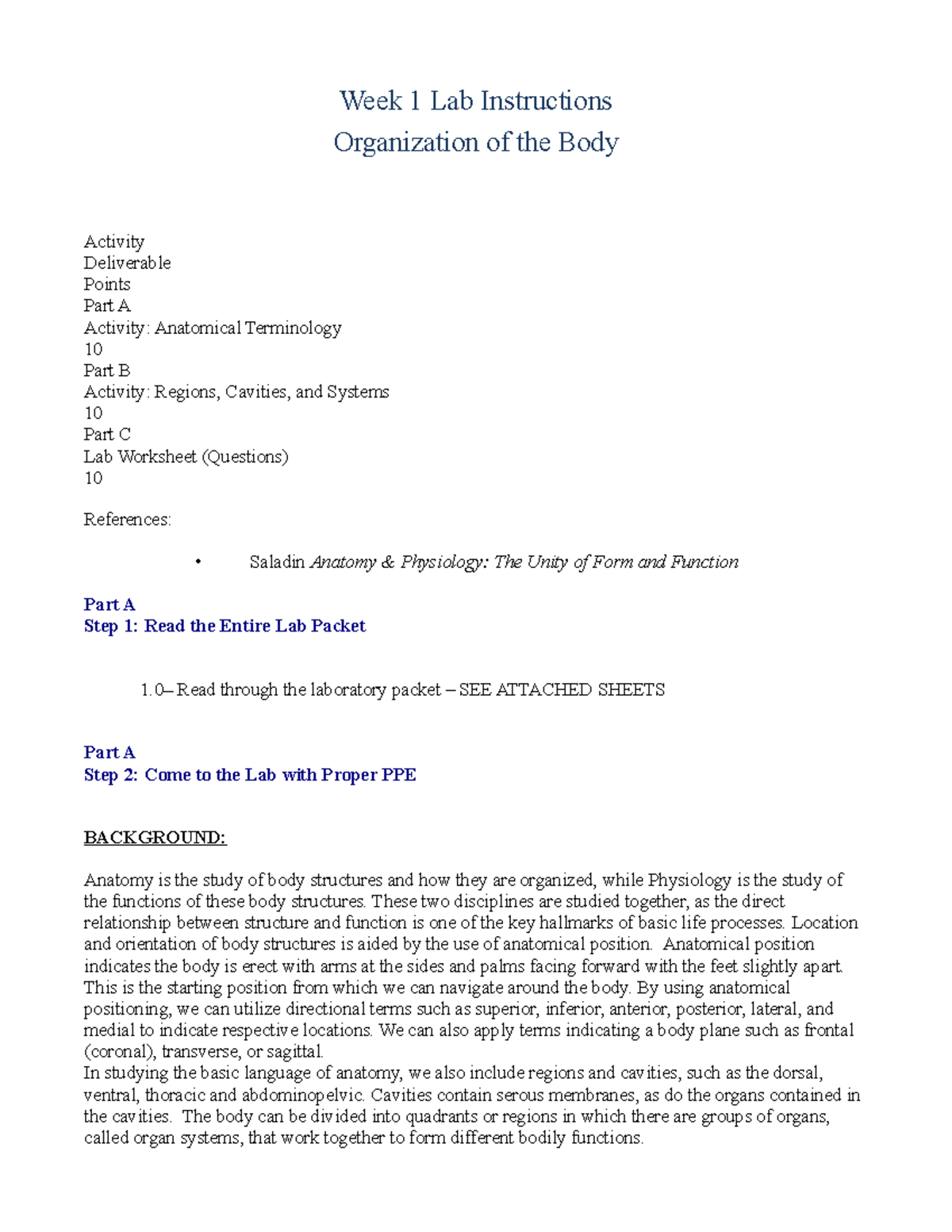 BIOS251 W1 Lab Instructions - Week 1 Lab Instructions Organization of the Body Activity ...