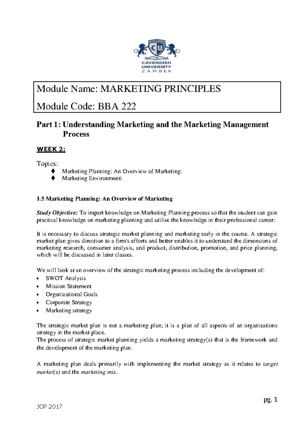2. Marketing Principles Week 2 - pg. 1 Module Name: MARKETING ...