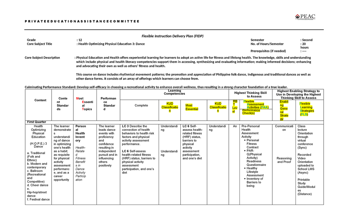 HOPE 3 FIDP Physical Education and Health - Flexible Instruction ...