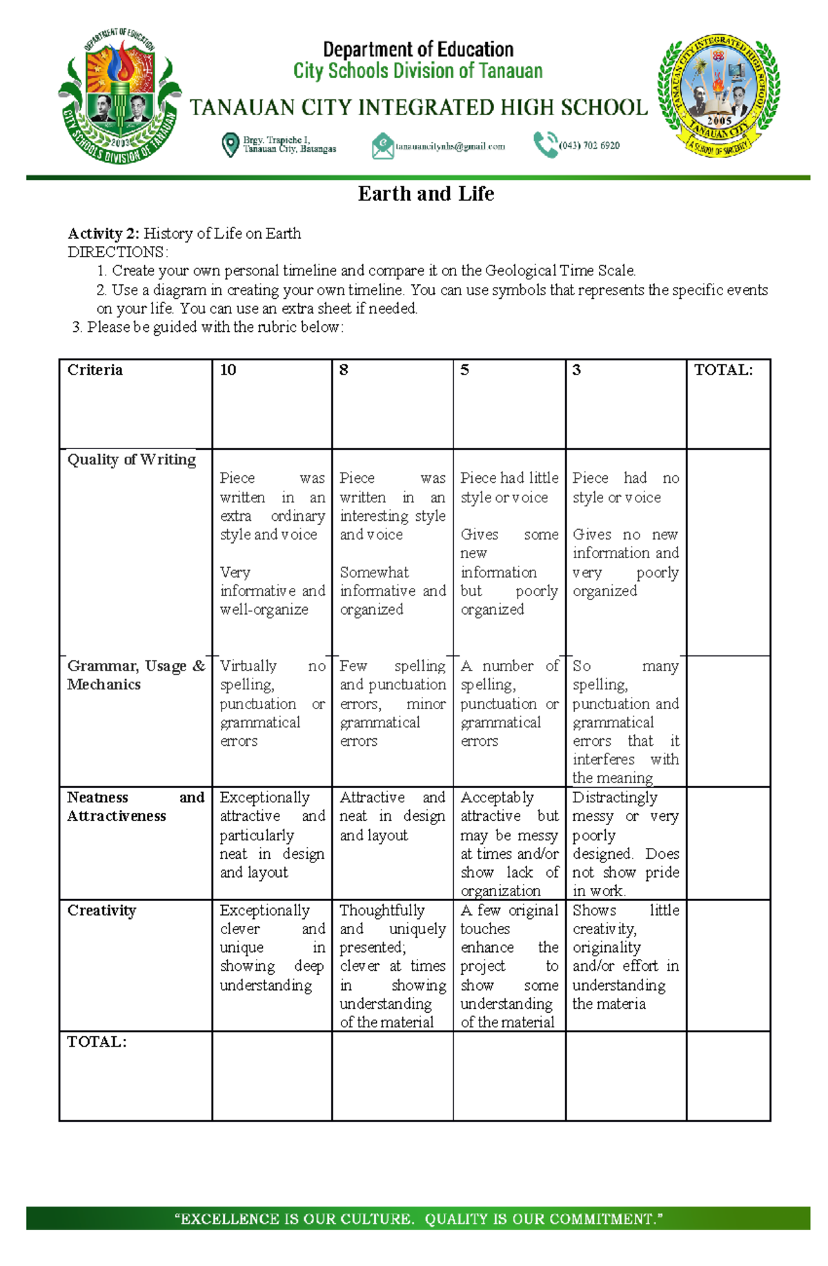 6.1 Activity - Practical materials - Earth and Life Activity 2: History ...