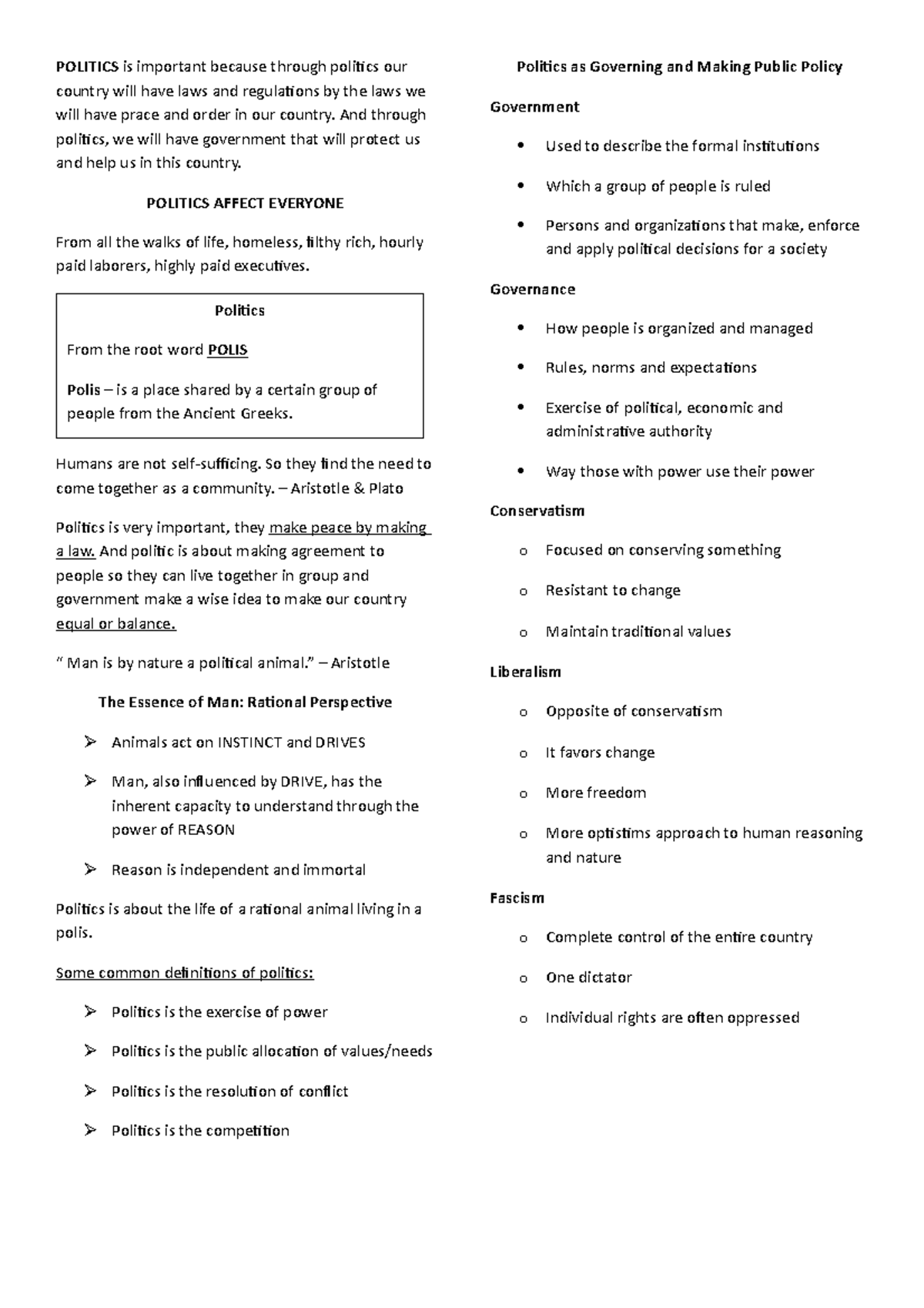 Politics - PPG notes - POLITICS is important because through politics ...