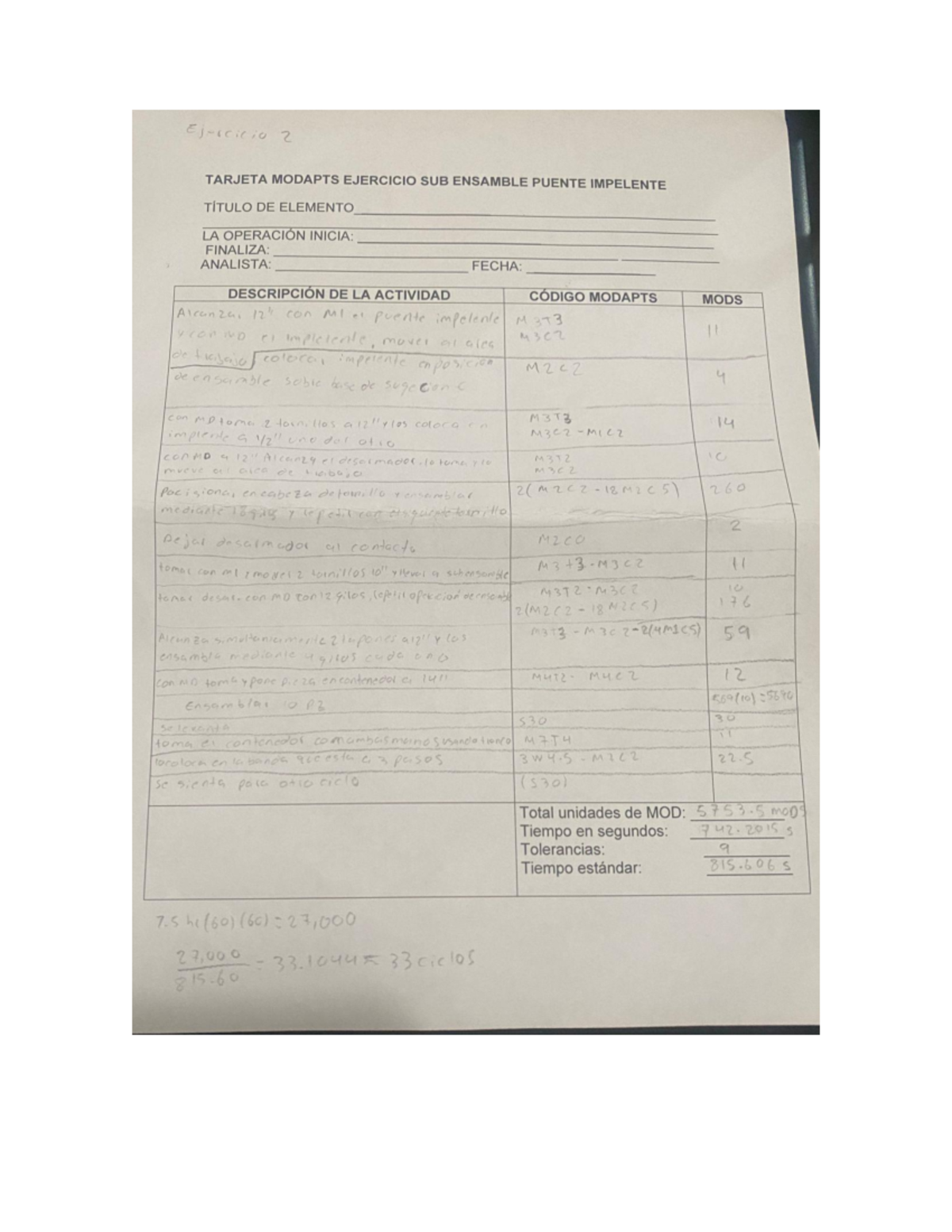 Ejercicio 2 Modapts Puente Impelente - Ejescicio 2 TARJETA MODAPTS EJERCICIO SUB ENSAMBLE PUENTE ...