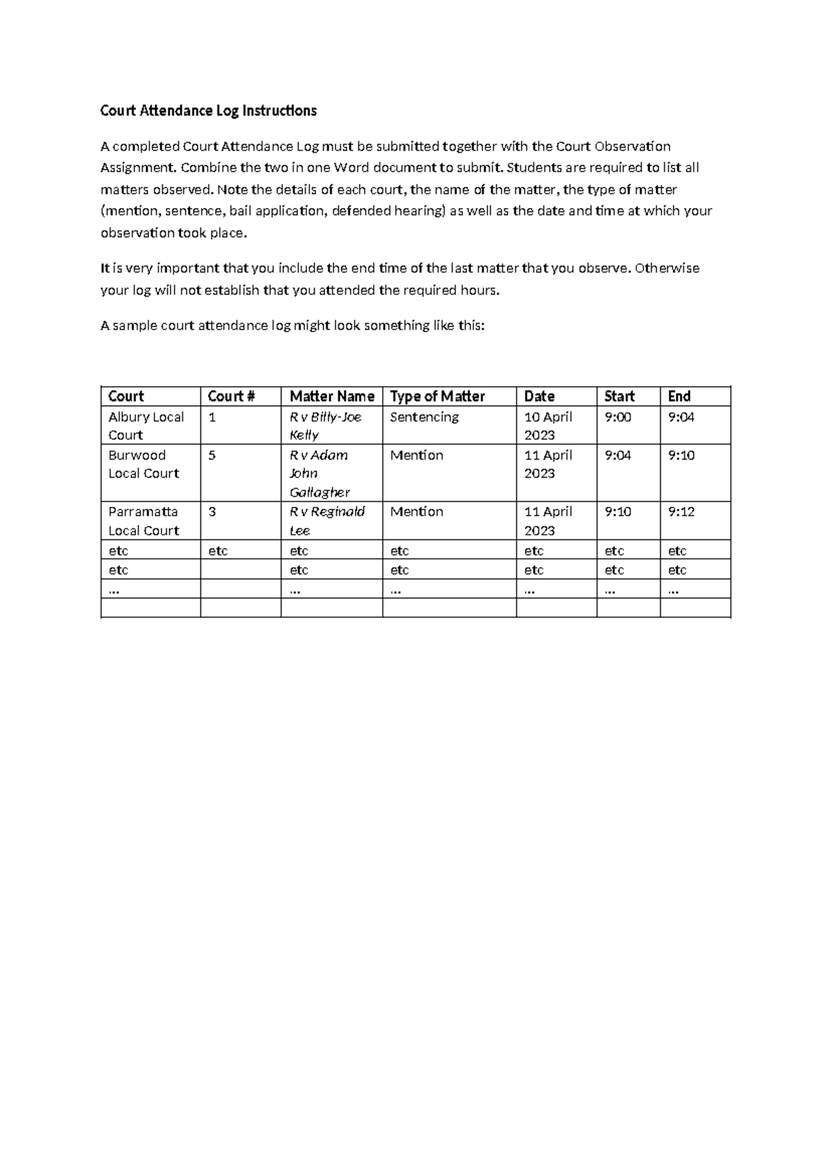 Court Attendance Log Instructions - Combine the two in one Word ...