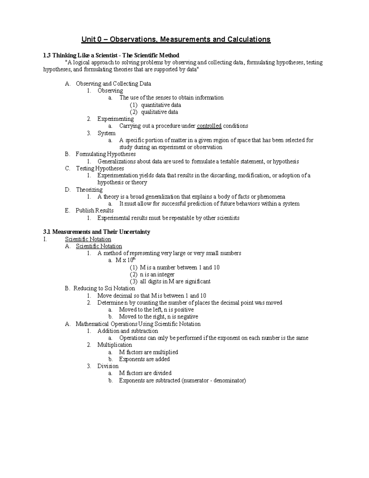 Unit 0 Notes - Unit 0 Observations, Measurements and Calculations 1 ...