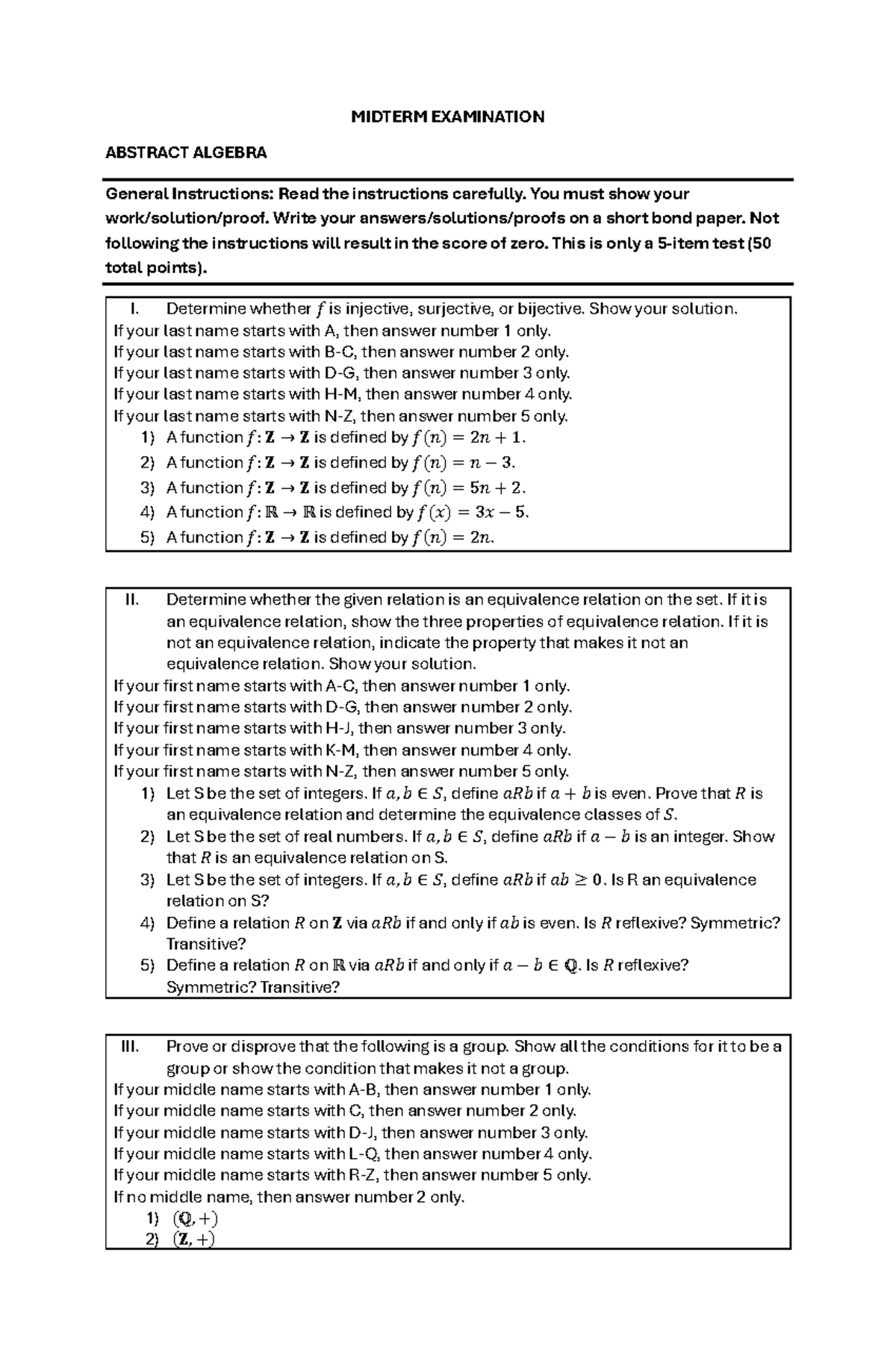 Abstract Algebra Midterm Examination - MIDTERM EXAMINATION ABSTRACT ALGEBRA General Instructions ...