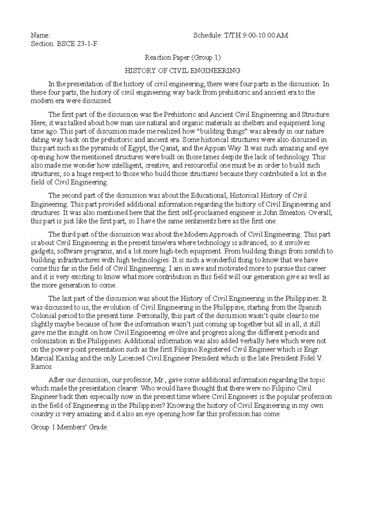 Reaction Paper 1 - BS blajh baj - Name: Section: BSCE 23-1-F Schedule ...