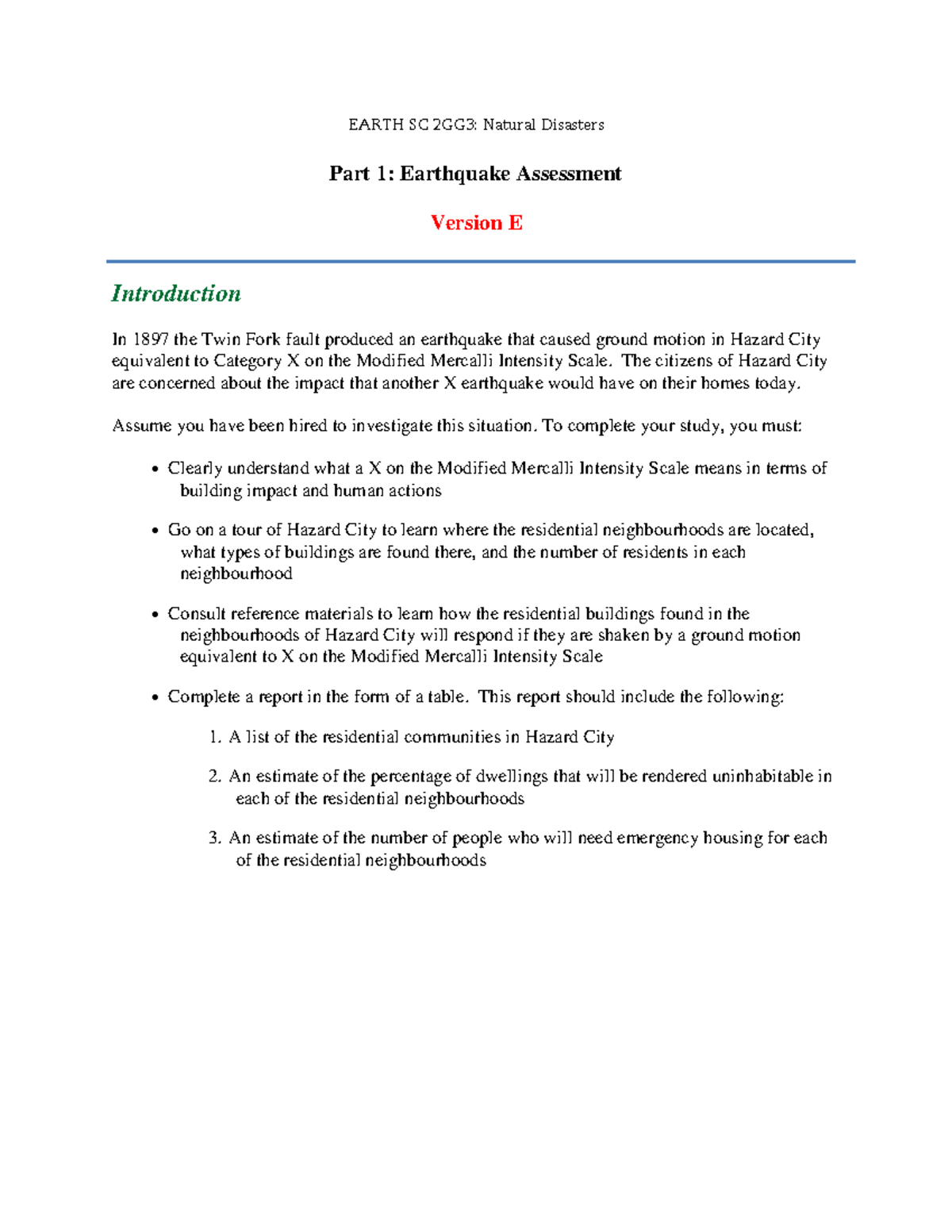 Part 1 - Earthquake Assessment E - EARTH SC 2GG3: Natural Disasters ...