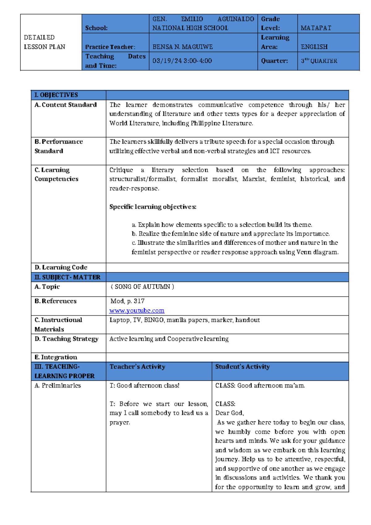 LESSON PLAN IN GRADE 10 - I. OBJECTIVES A. Content Standard The learner ...