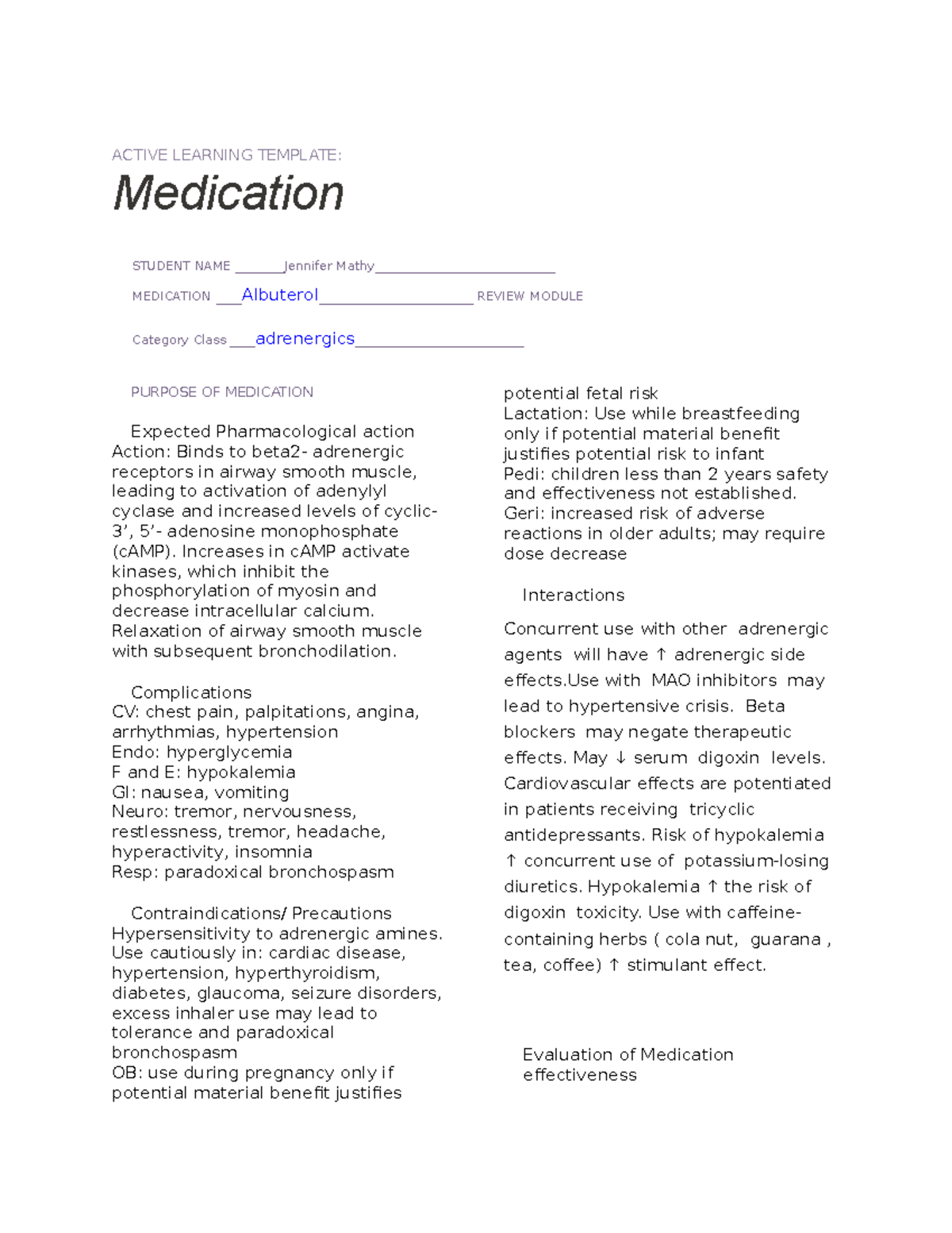 Albuterol - Medications - ACTIVE LEARNING TEMPLATE: Medication STUDENT ...