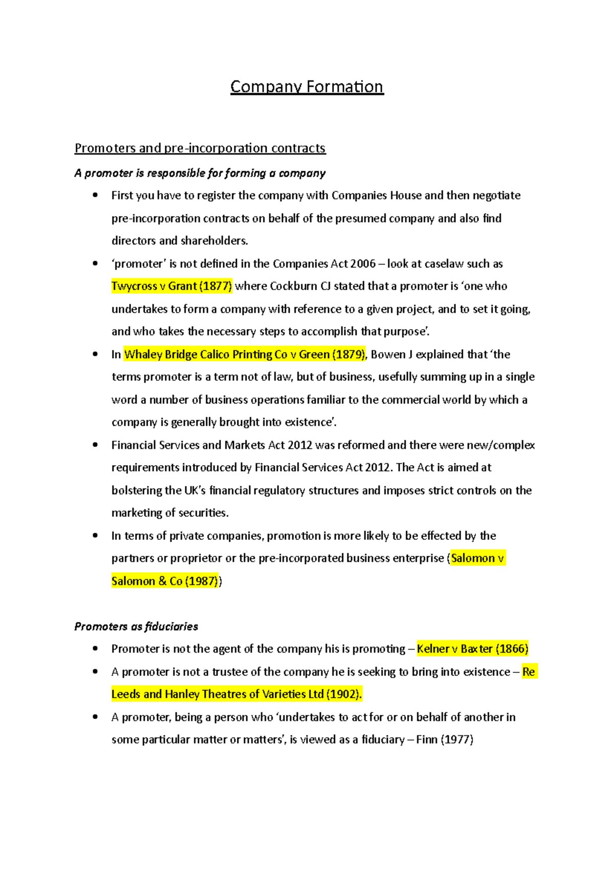 Company Formation - lecture notes - Company Formation Promoters and pre ...